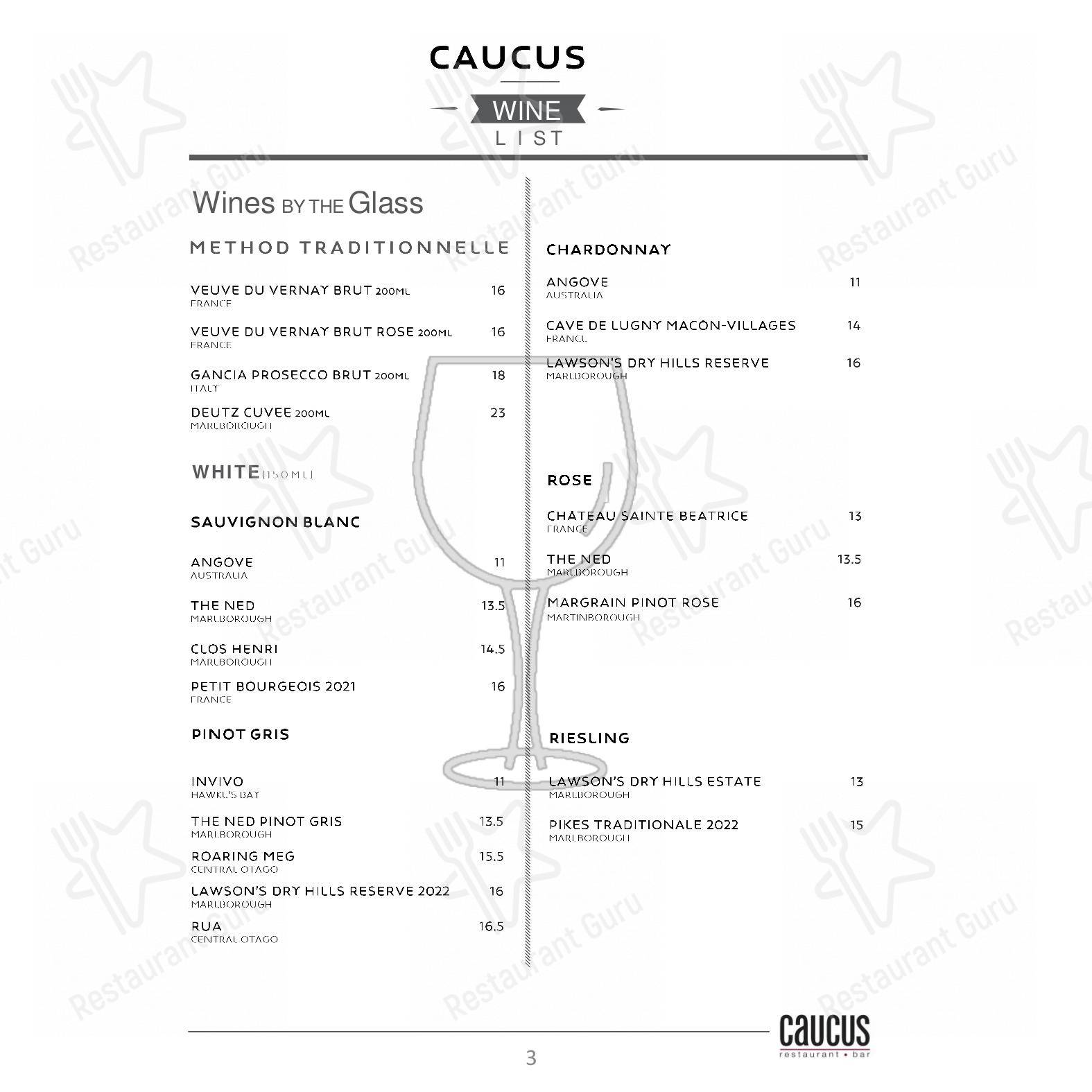 Menu at Caucus Restaurant, Wellington