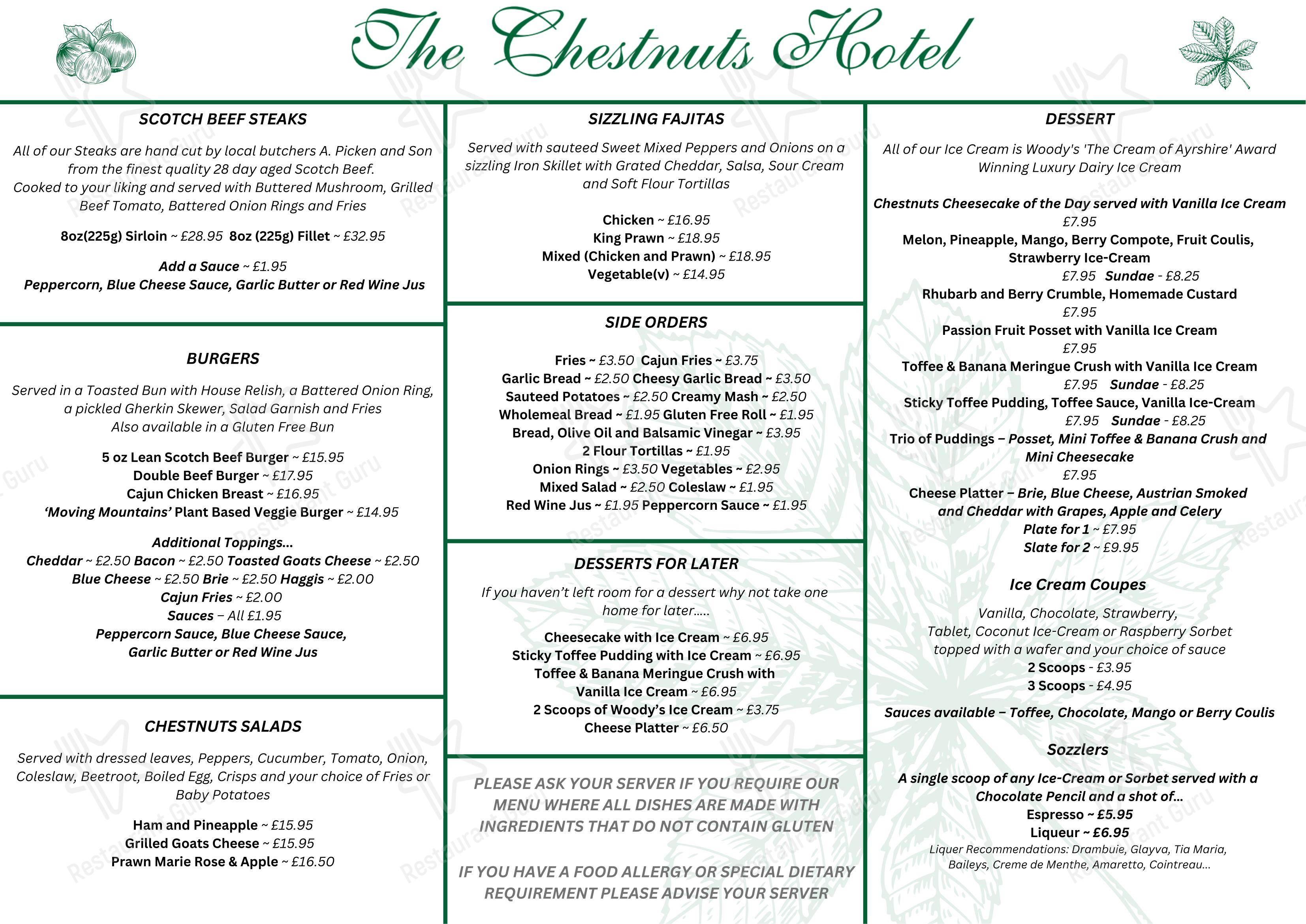 Menu at Chestnuts Restaurant & Hotel, Ayr