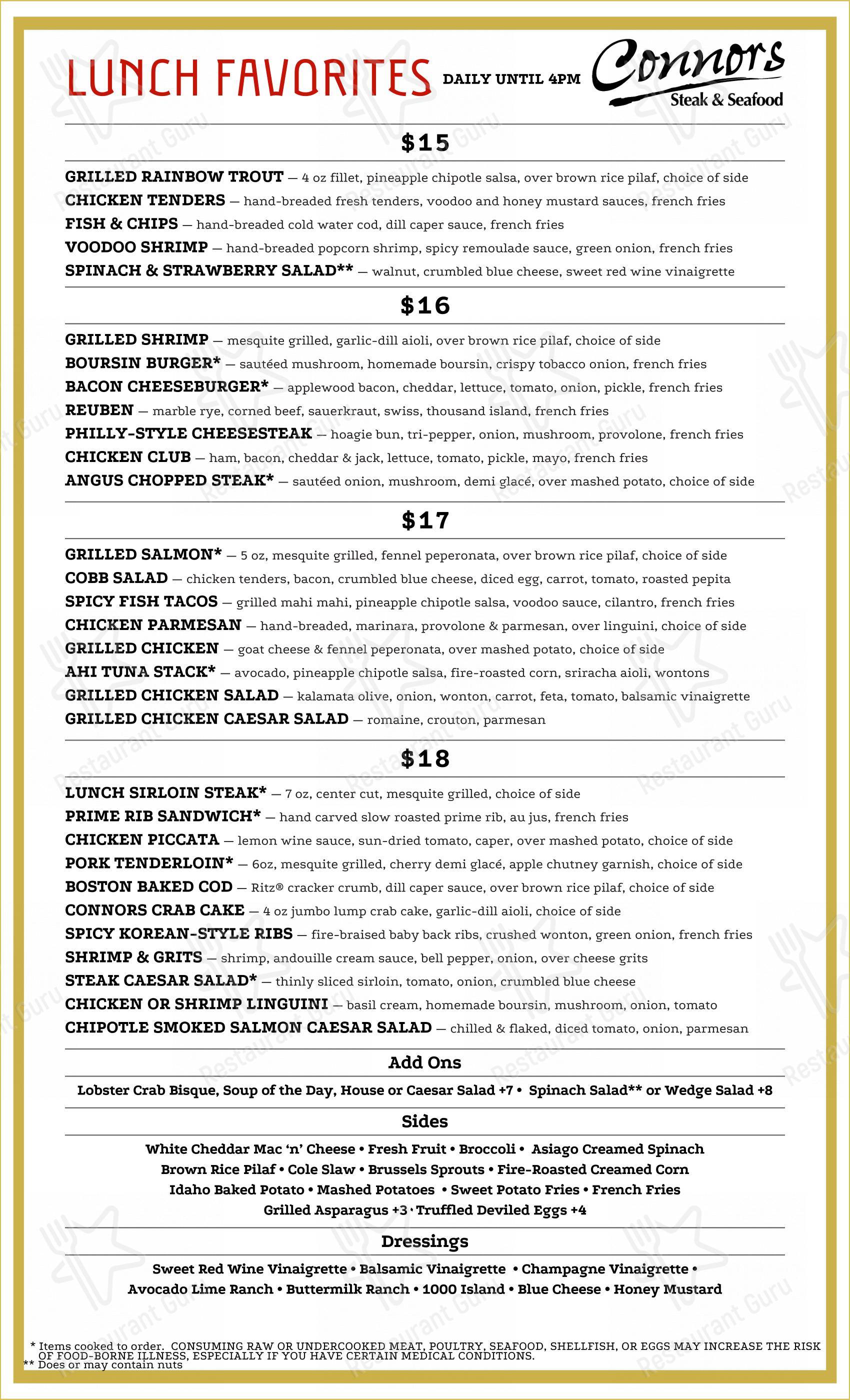 Menu at Connors Steak & Seafood steakhouse, Sarasota
