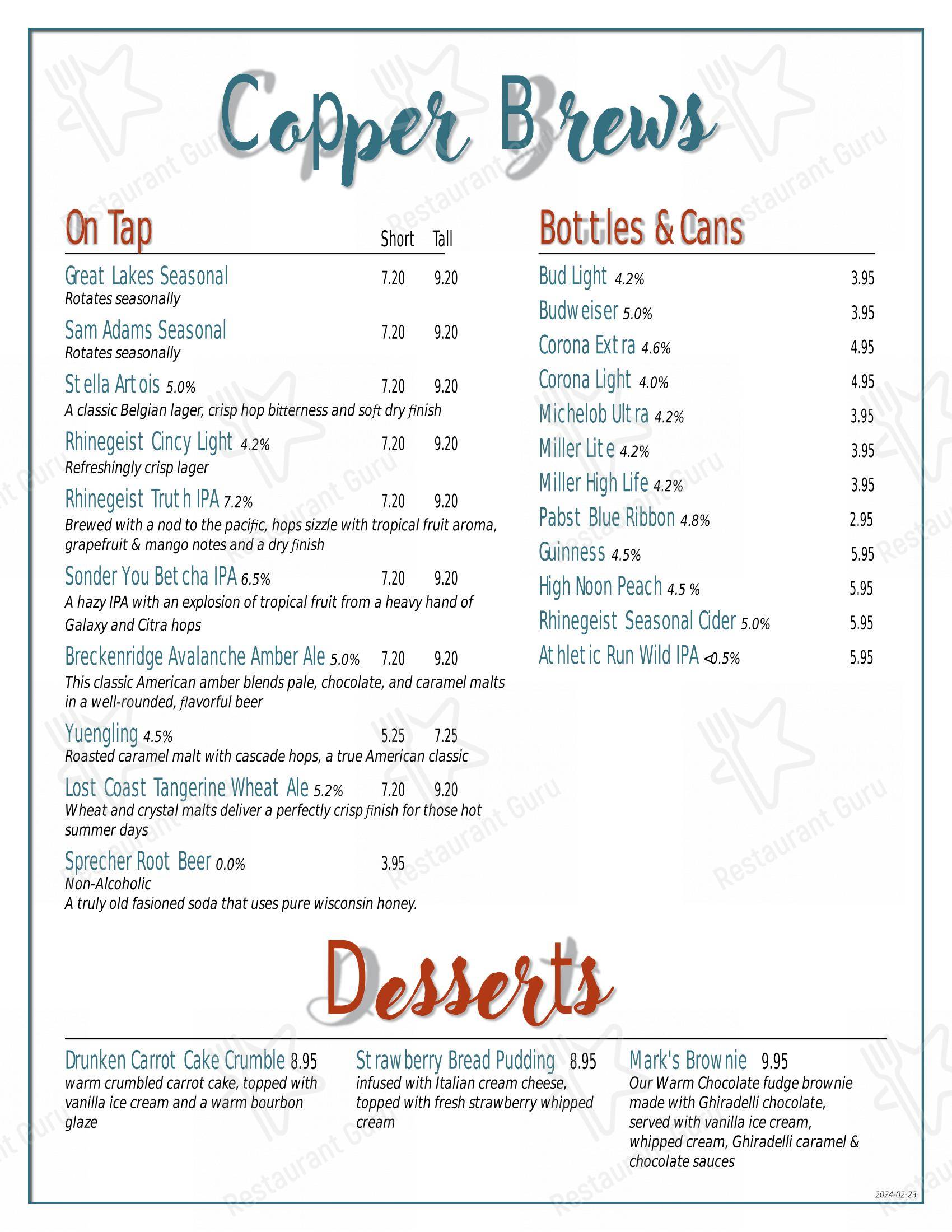 Menu at Copper Blue restaurant, Milford