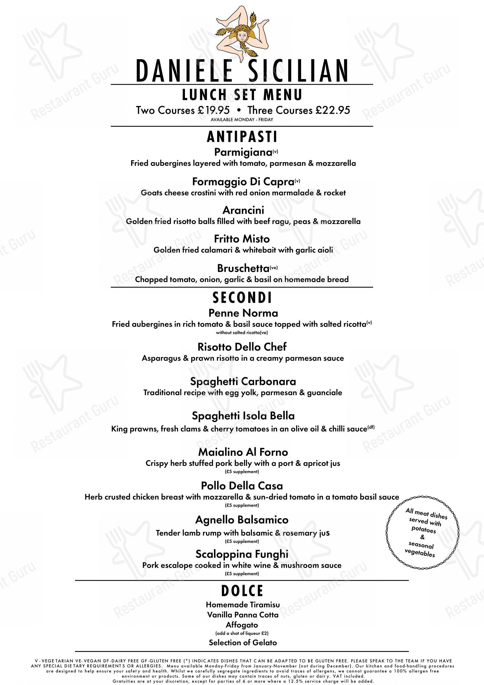 Menu at Daniele Sicilian Restaurant, Farnham