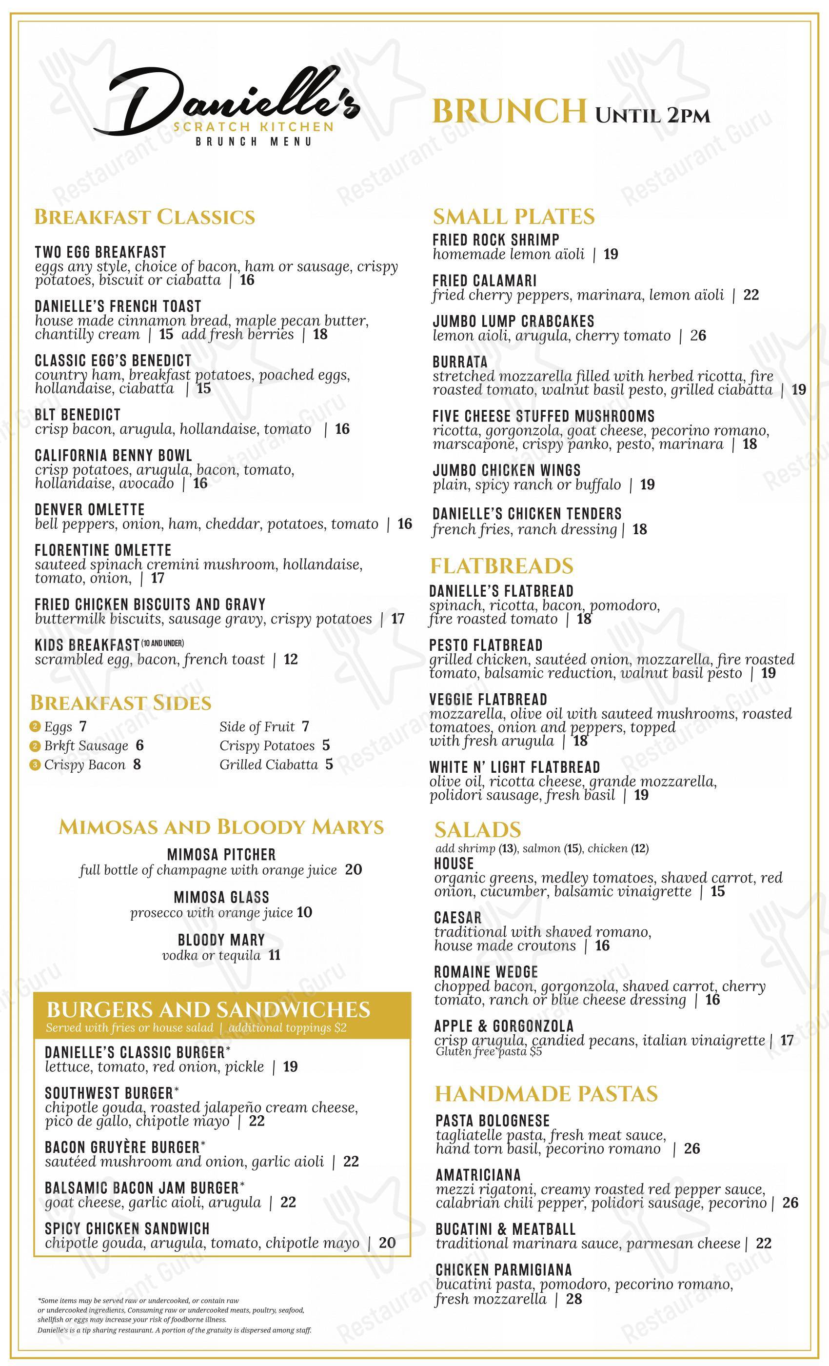 Menu at Danielle's Scratch Kitchen restaurant, Castle Rock