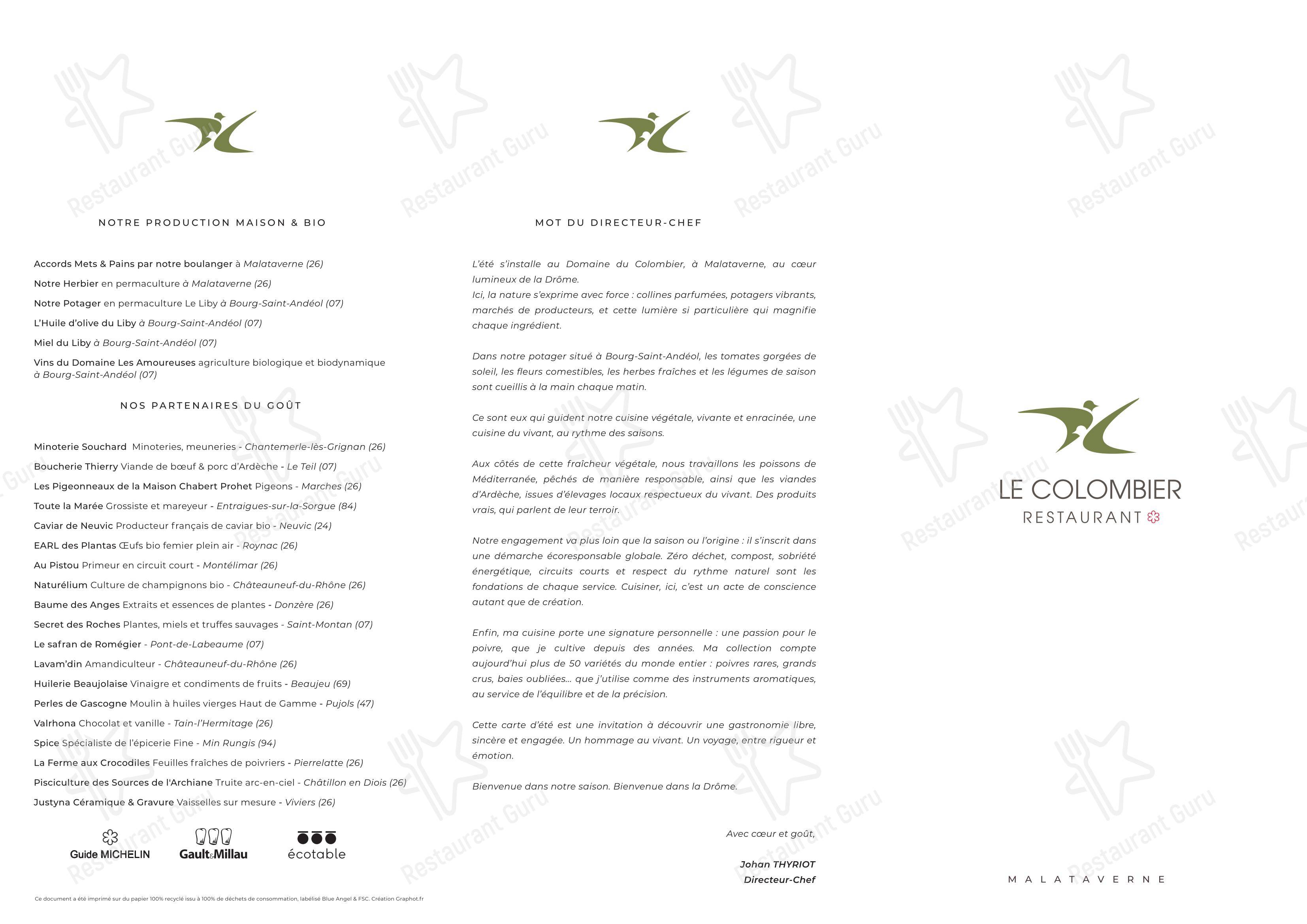 Menu au Domaine du Colombier, Hôtel & Restaurant 5 étoiles, Malataverne
