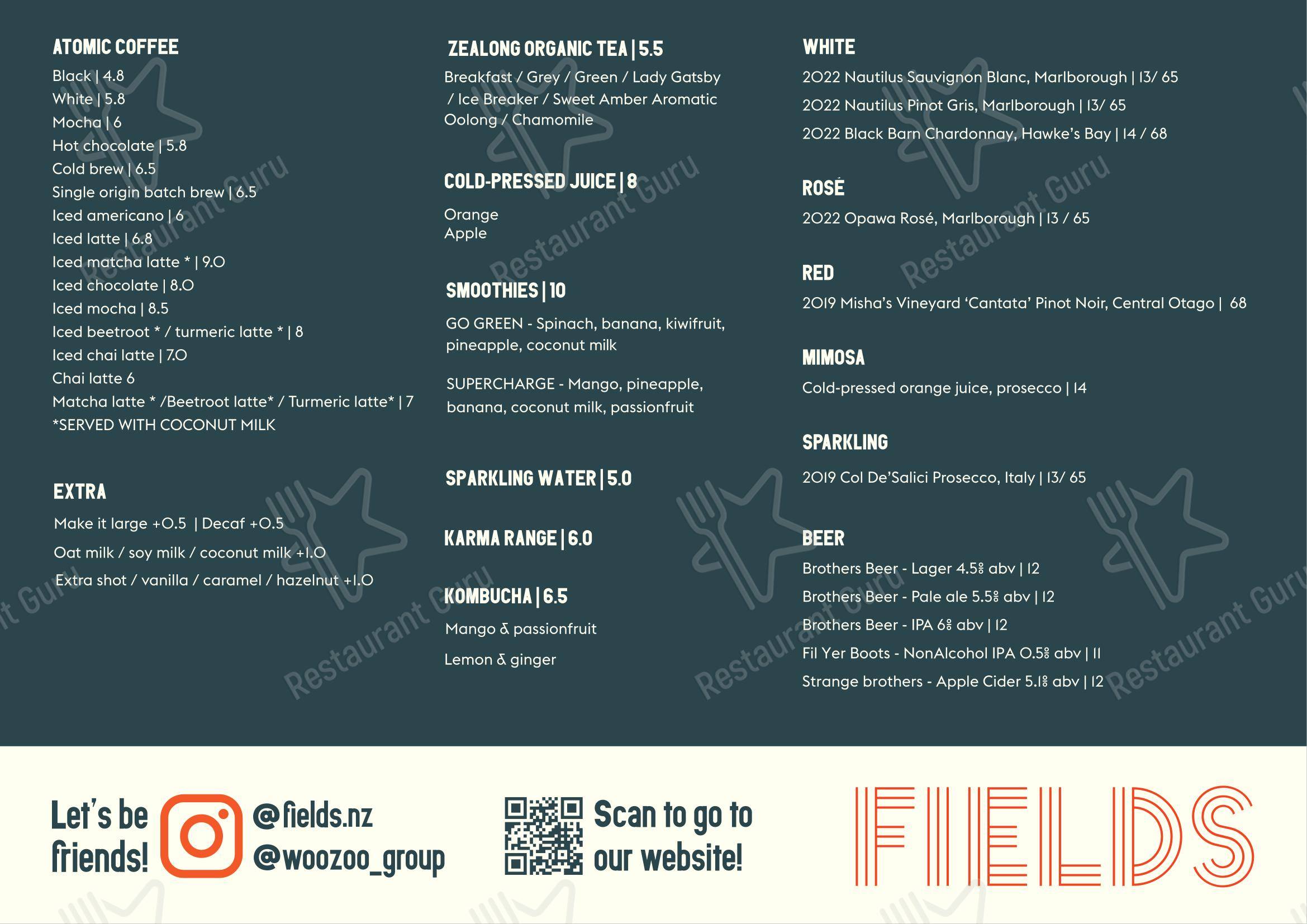 Menu at Fields Cafe, Auckland