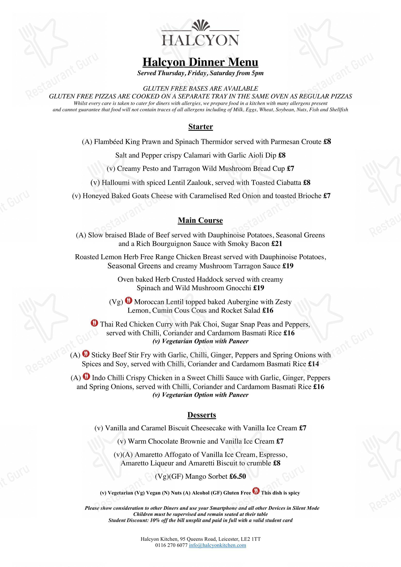 Menu at Halcyon Kitchen restaurant, Leicester