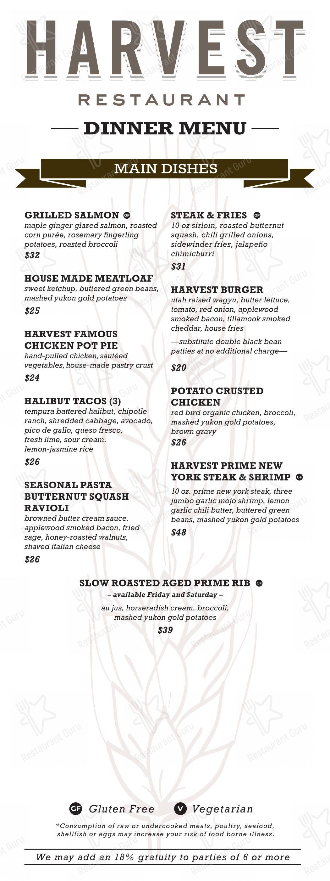 Menu at Harvest Restaurant, Lehi