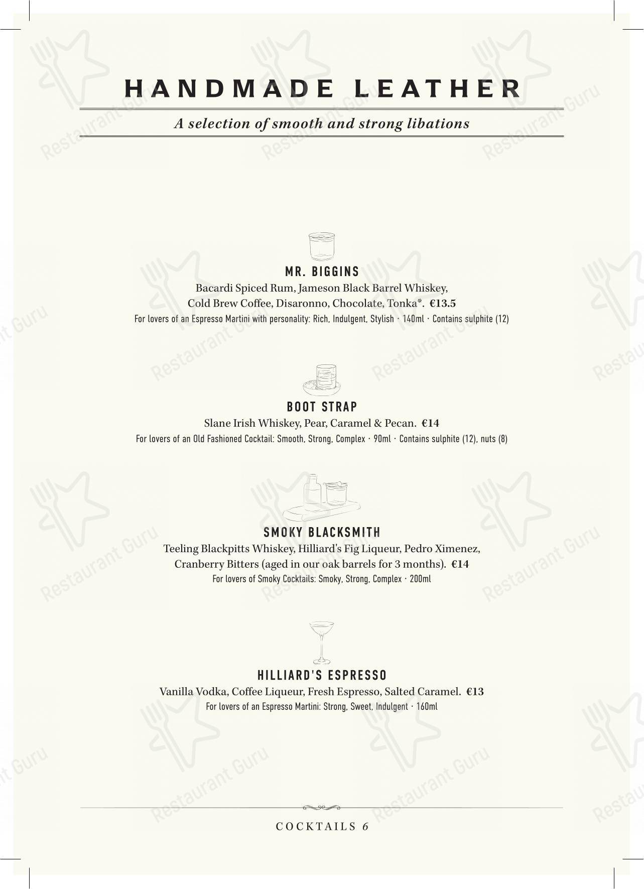 Menu at Hilliard's Killarney restaurant, Killarney