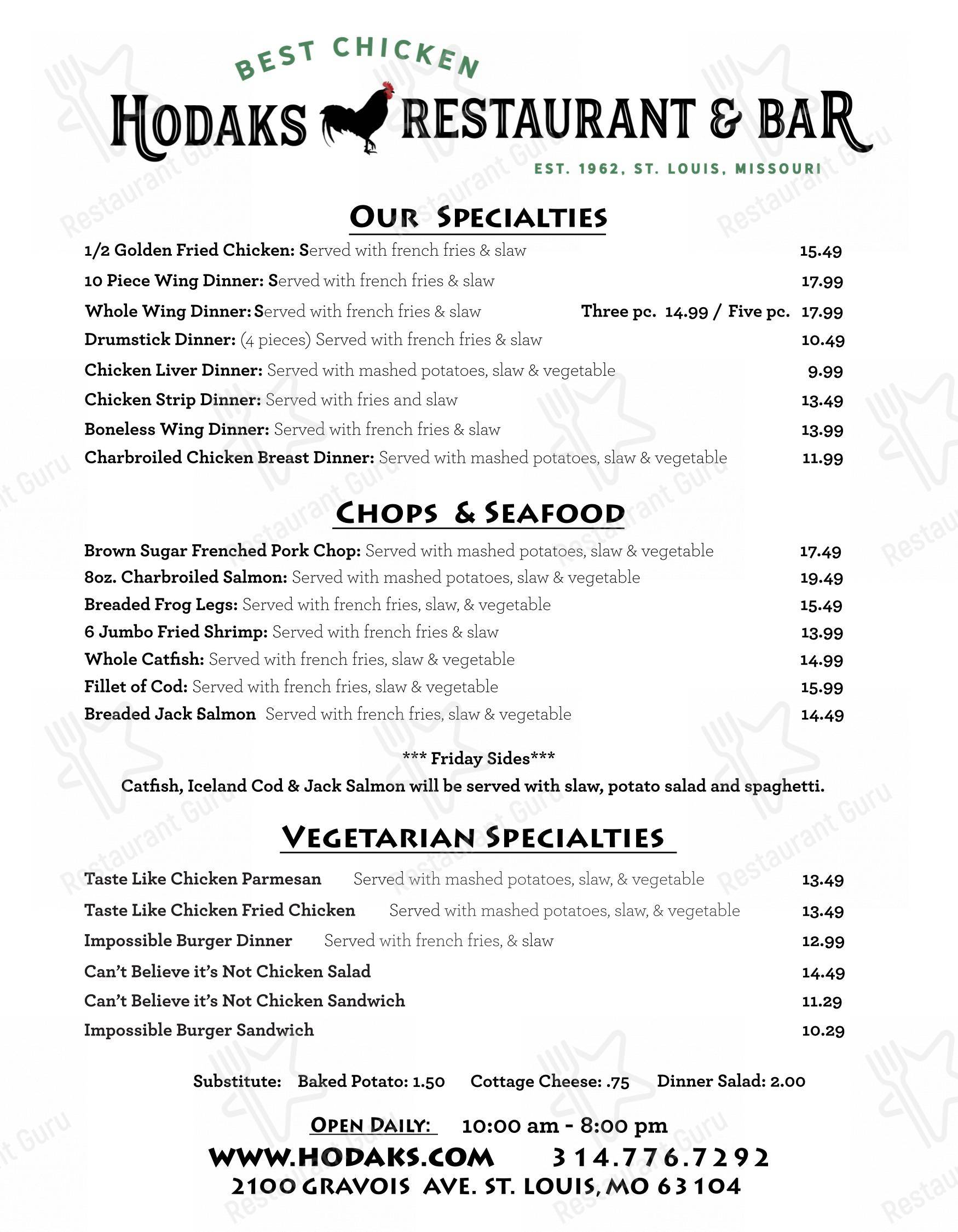 Menu at Hodak's Restaurant & Bar, St. Louis