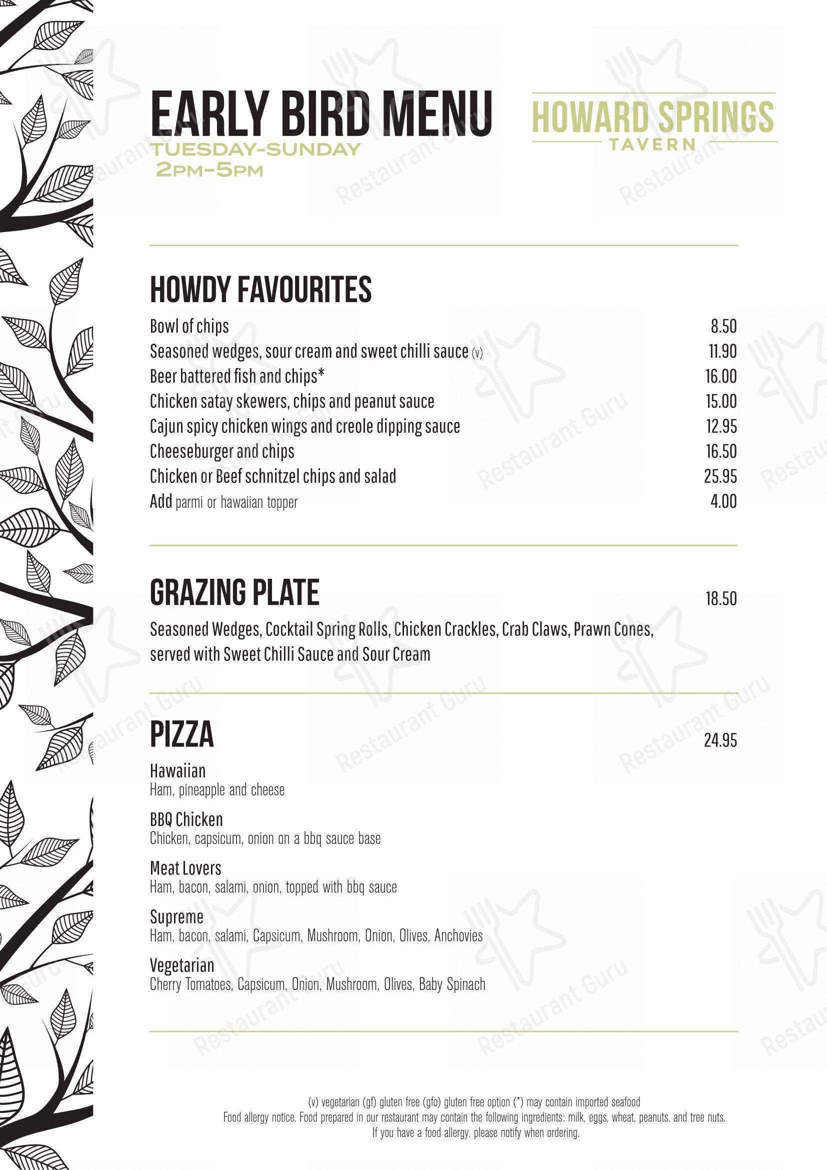 Menu at Howard Springs Tavern restaurant, Howard Springs