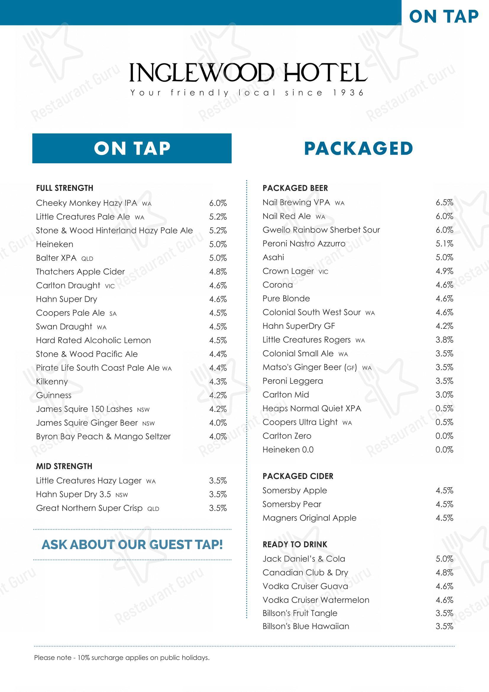 Menu at Inglewood Hotel Perth pub & bar, Mount Lawley