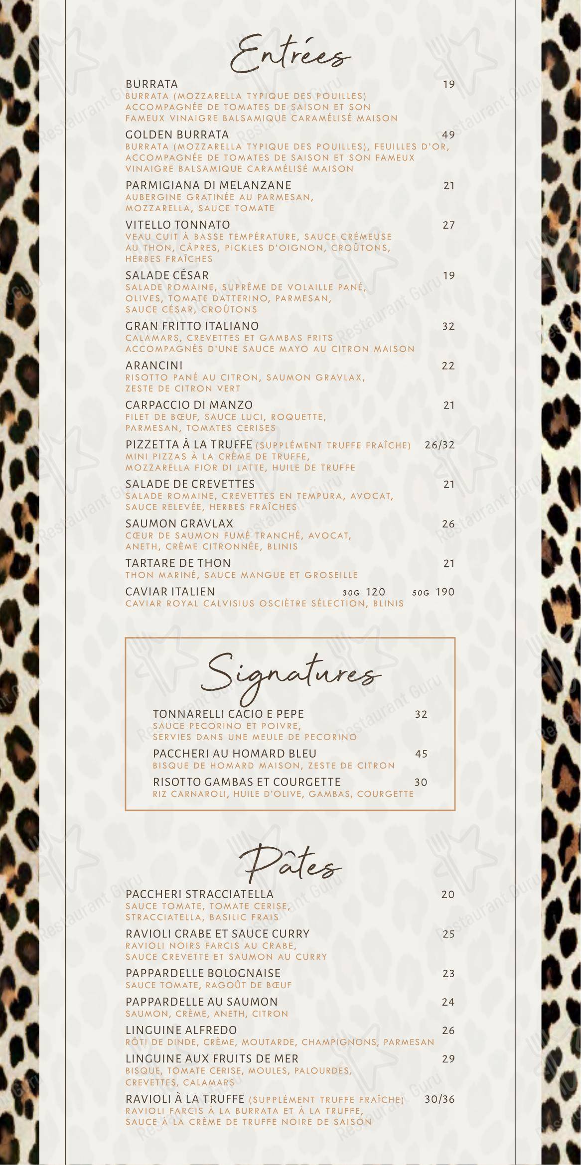 Menu au Luci restaurant, Argenteuil