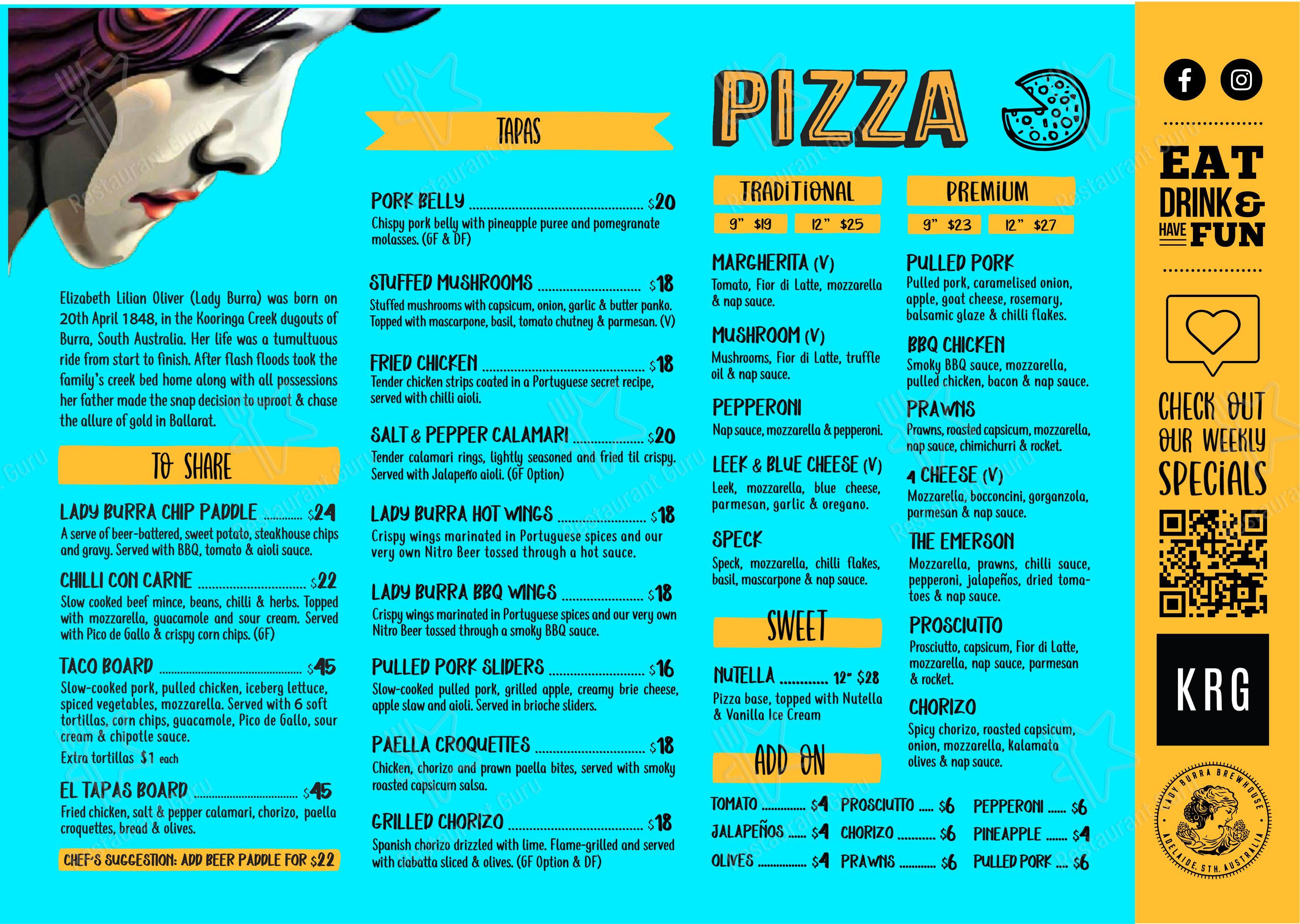 Menu at Lady Burra Brewhouse pub & bar, Adelaide