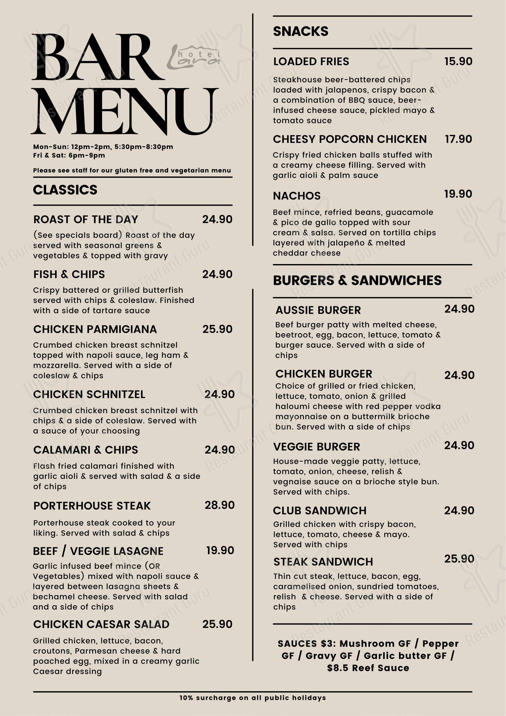 Menu at Lara Hotel pub & bar, Lara