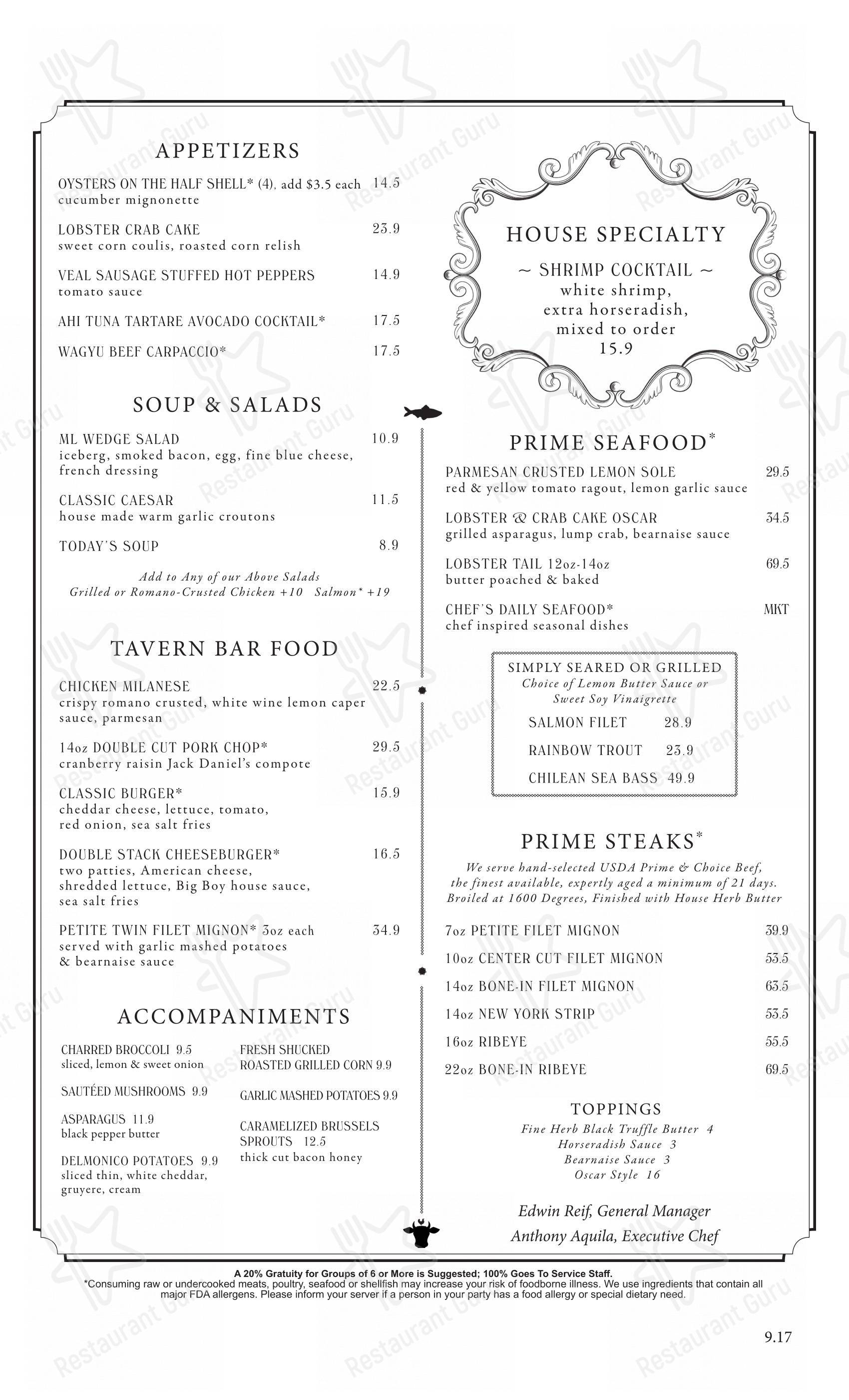 Menu at ML Tavern pub & bar, Moreland Hills