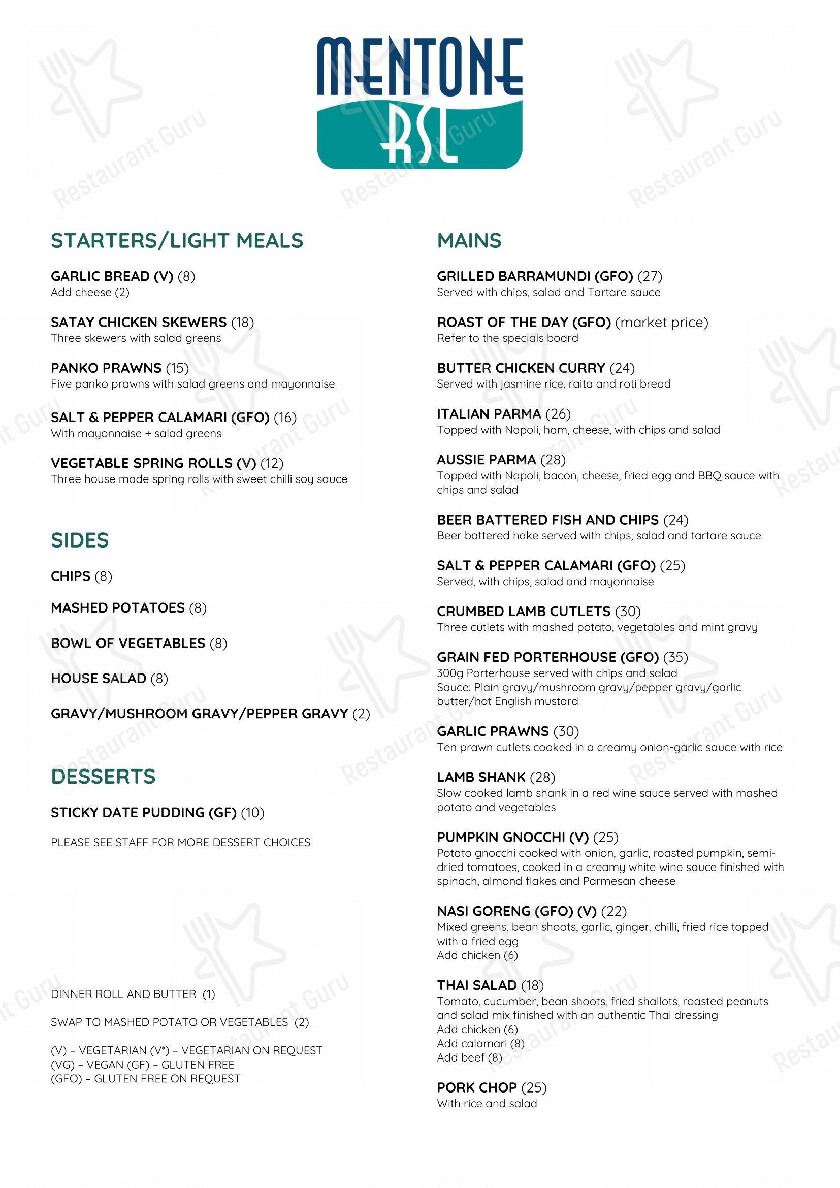 Menu at Mentone RSL restaurant, Mentone