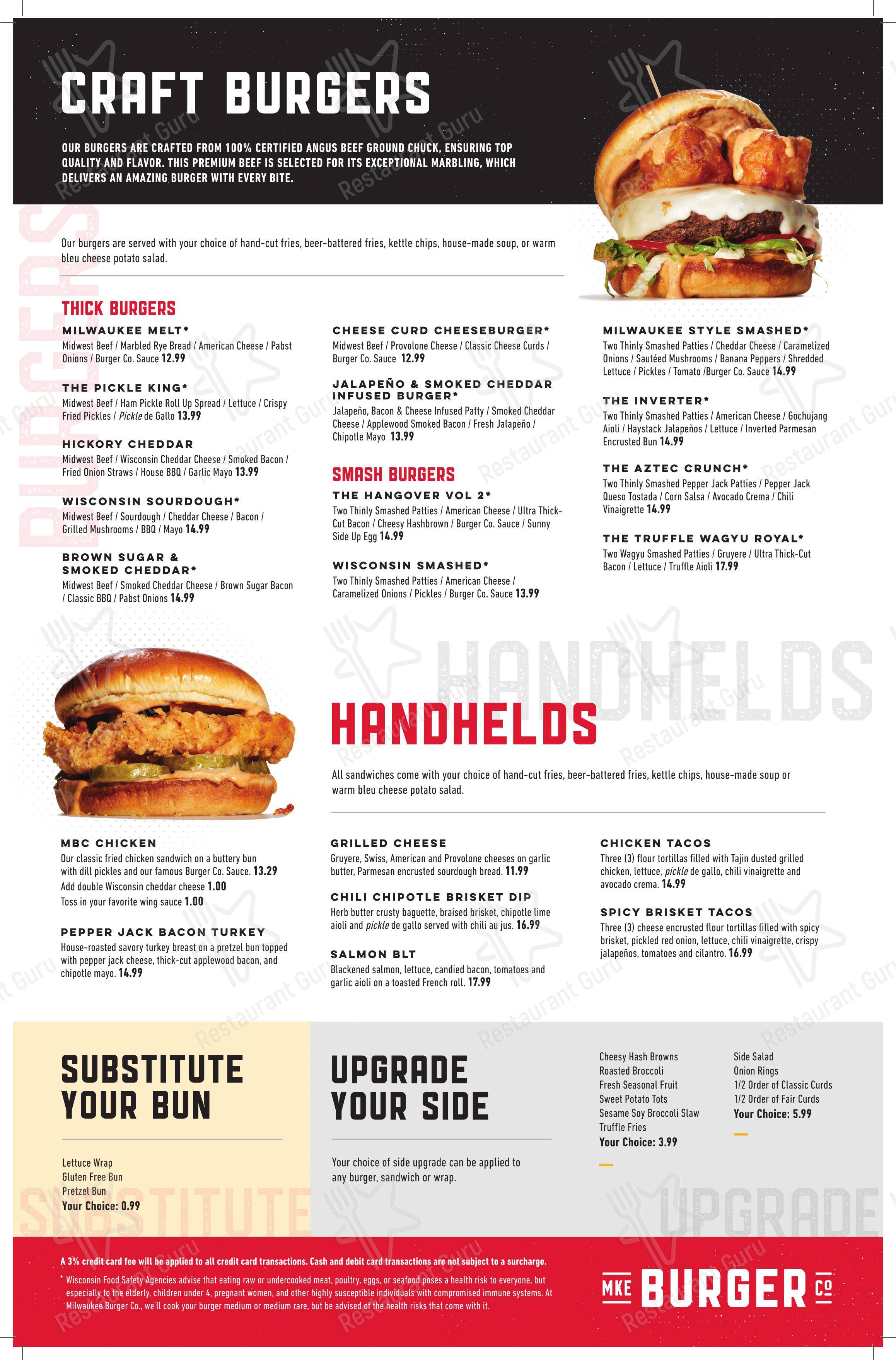 Menu at Milwaukee Burger Company restaurant, Hudson