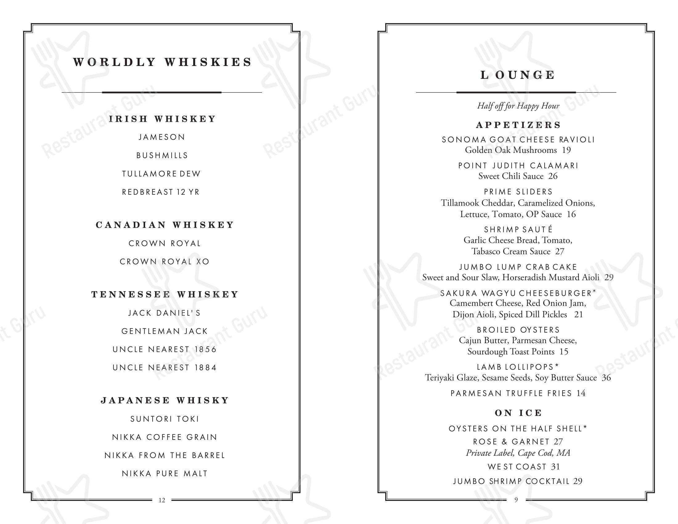Menu at Ocean Prime steakhouse, Philadelphia