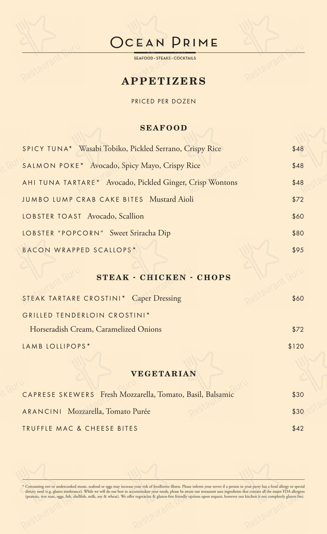 Menu at Ocean Prime steakhouse, Philadelphia