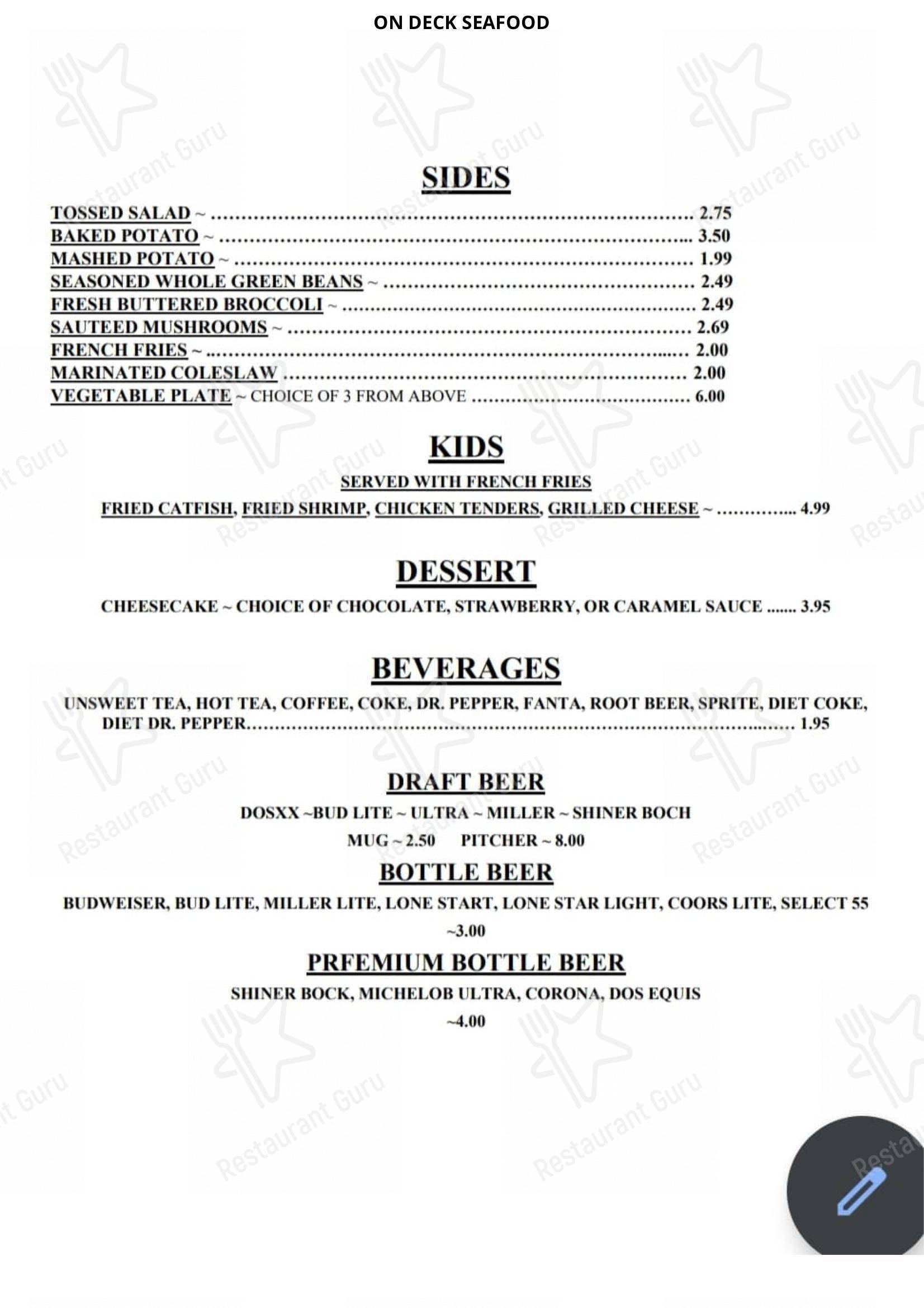 Menu at On Deck Restaurant, Brenham