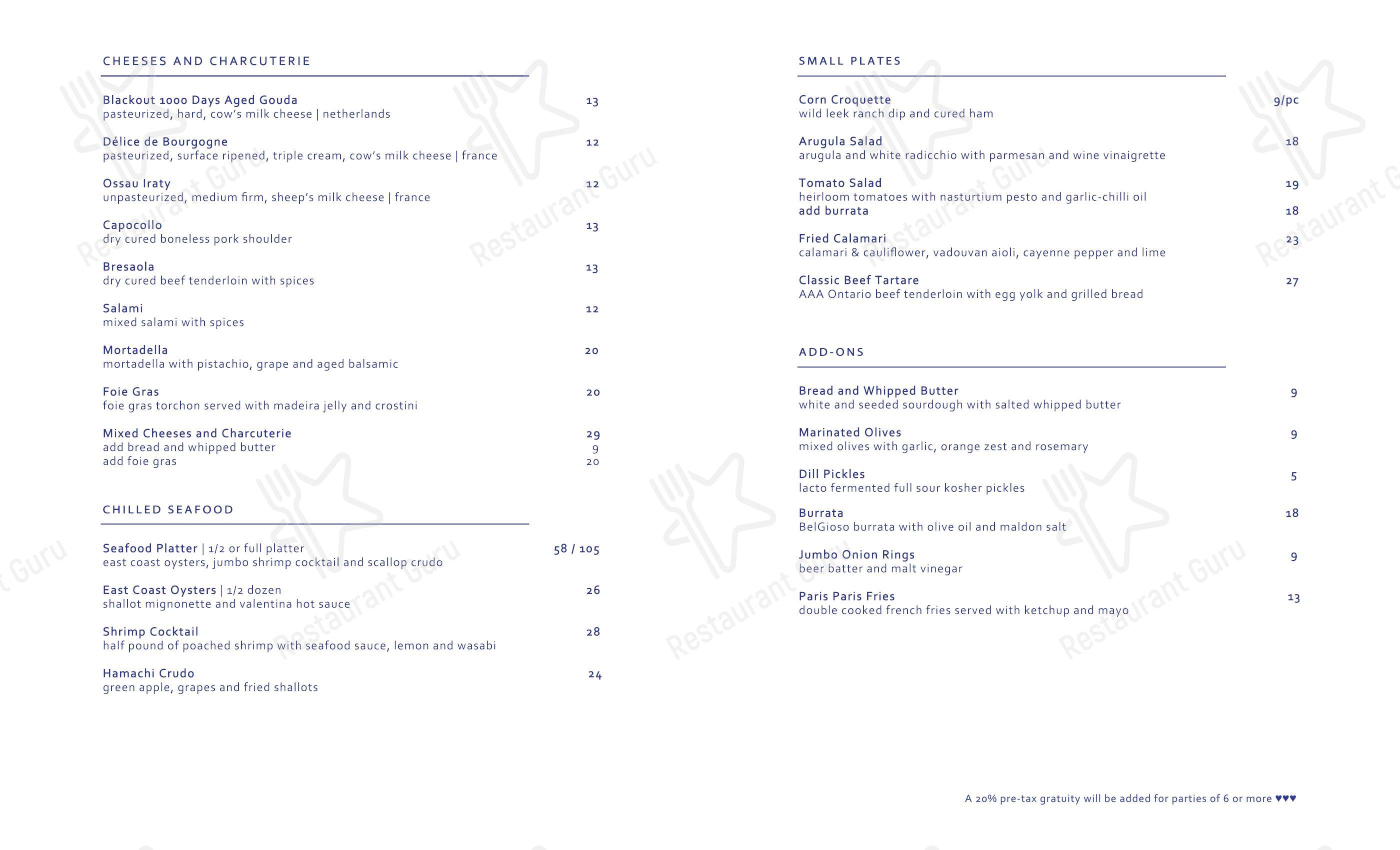 Menu at Paris Paris pub & bar, Toronto, 146 Ossington Ave