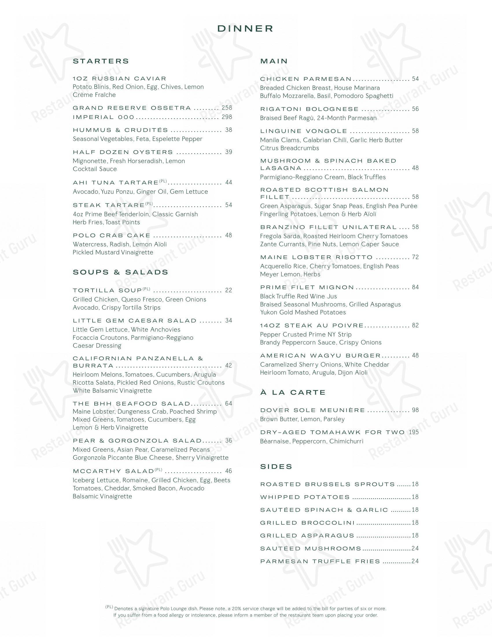 Menu at Polo Lounge restaurant, Beverly Hills
