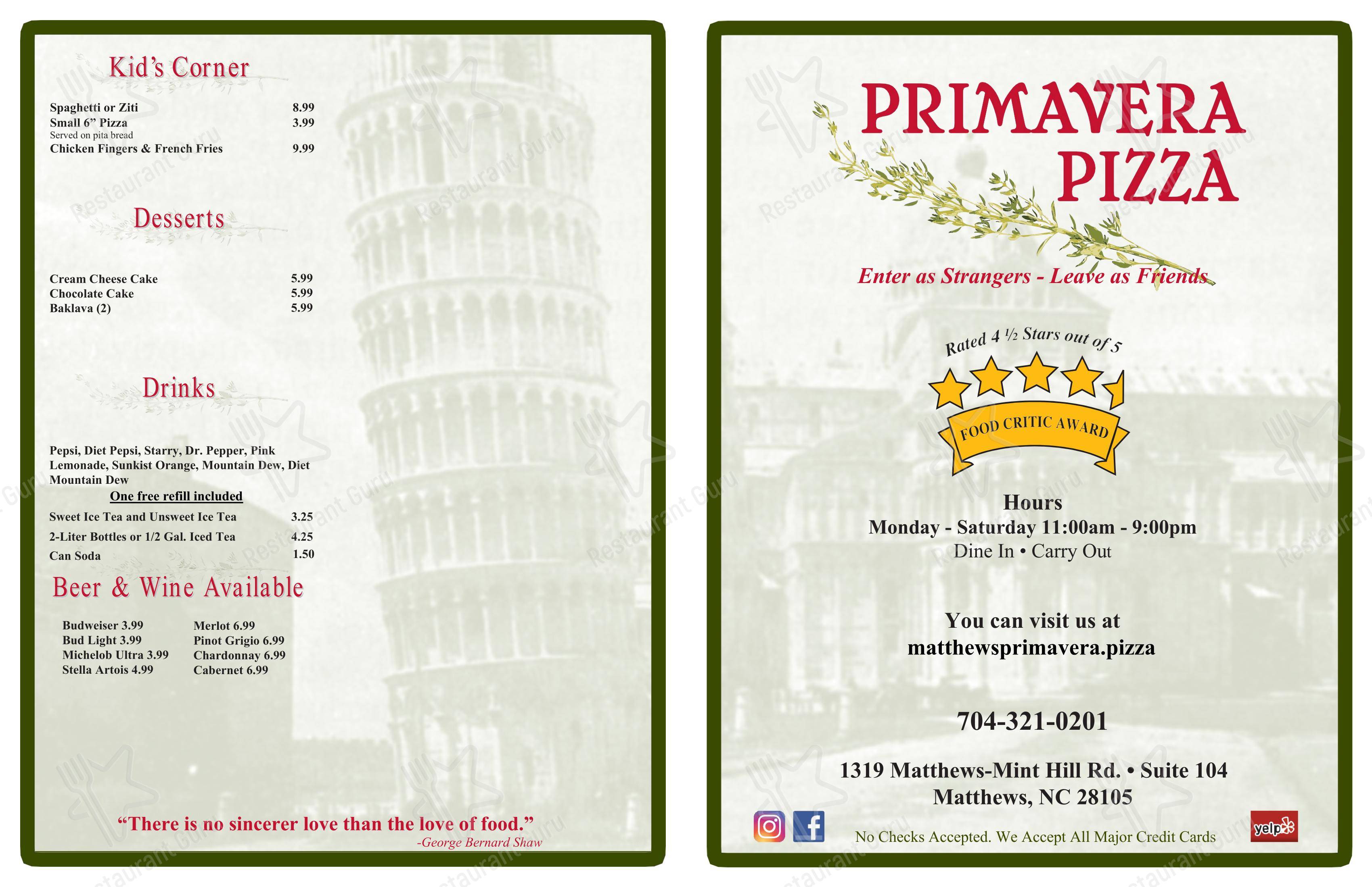 Menu at Primavera Pizza pizzeria, Matthews