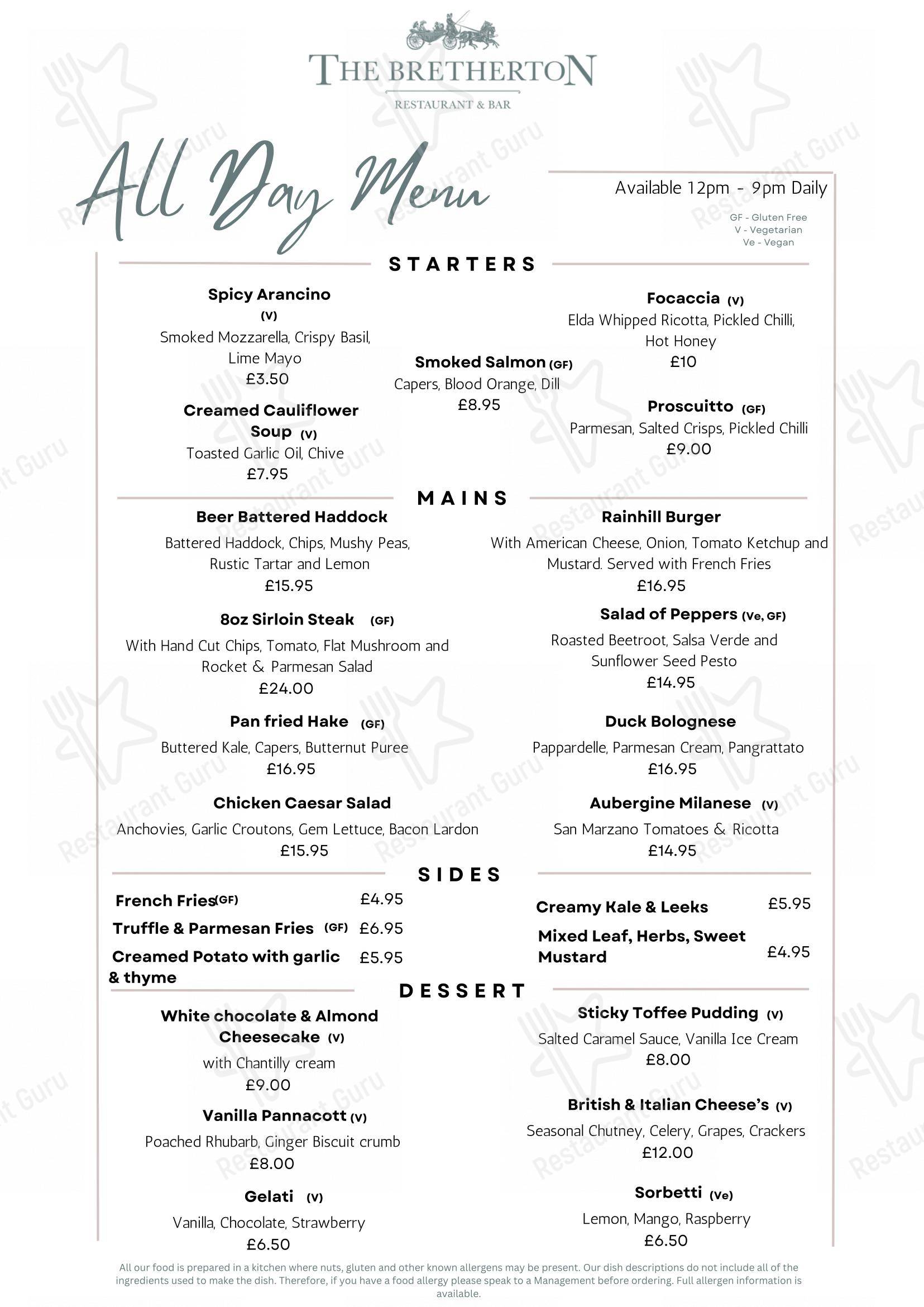 Menu at Rainhill Hall restaurant, Prescot