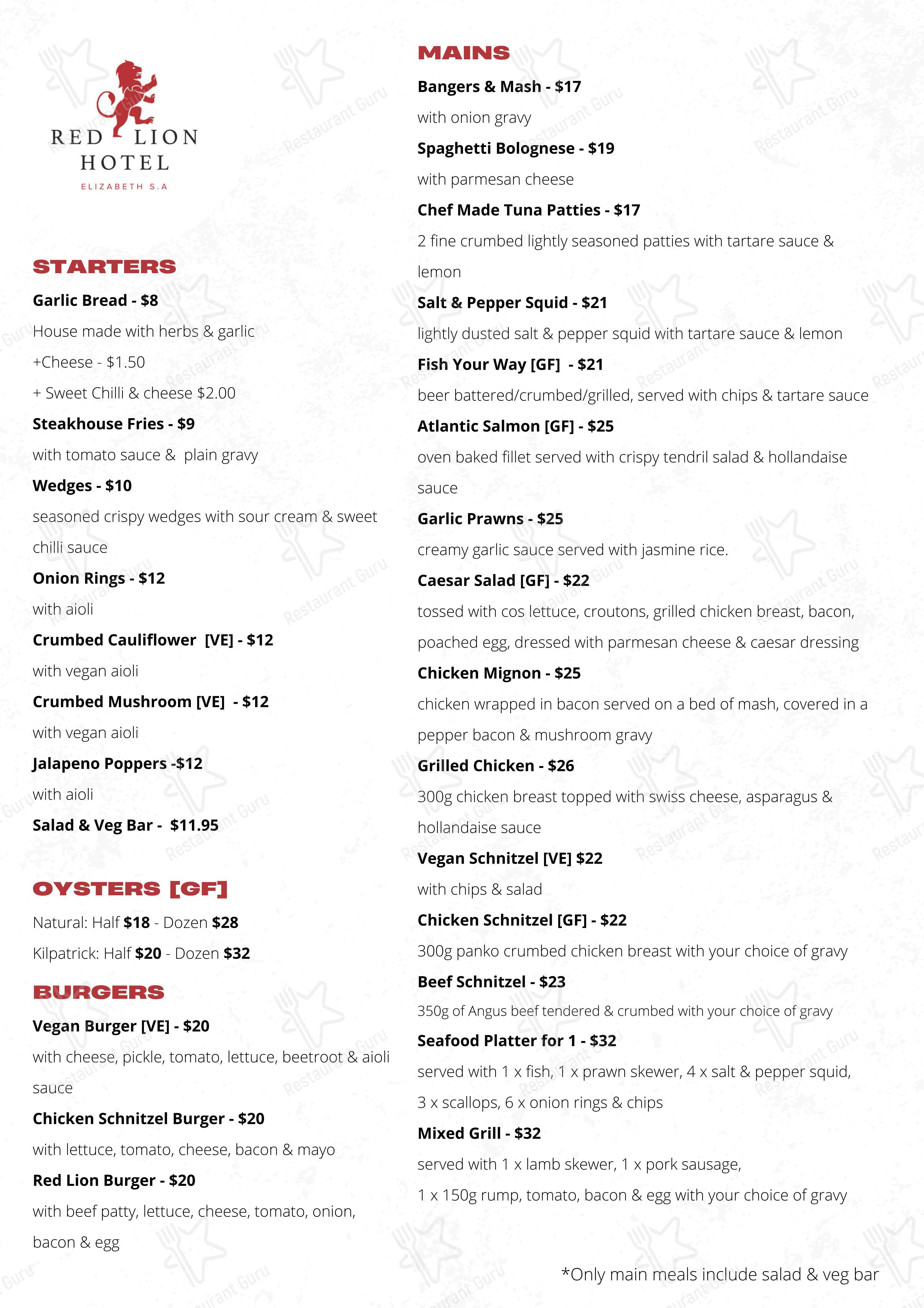 Menu at Red Lion Hotel pub & bar, Elizabeth North