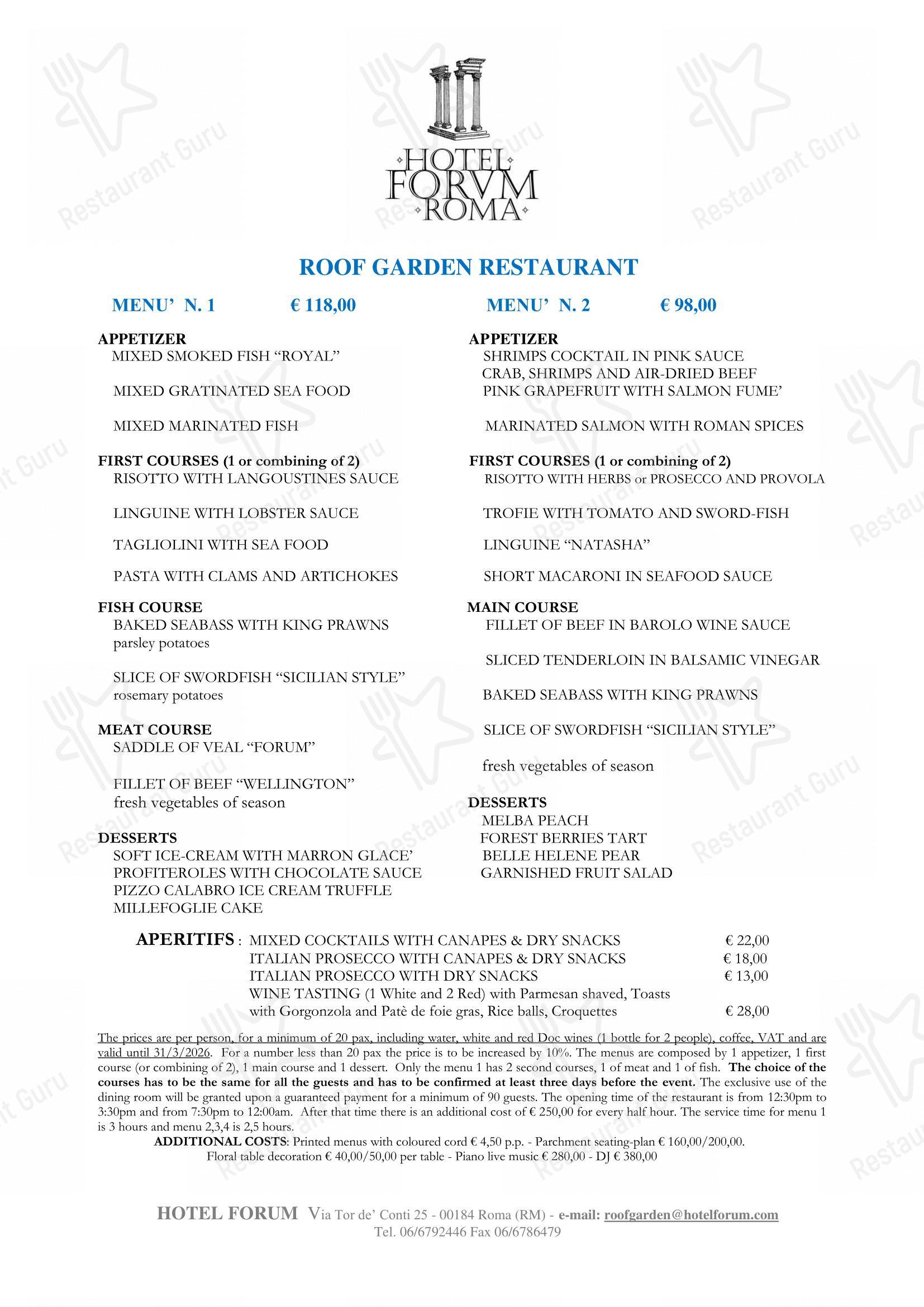 Carta de Ristorante Roof Garden, Roma