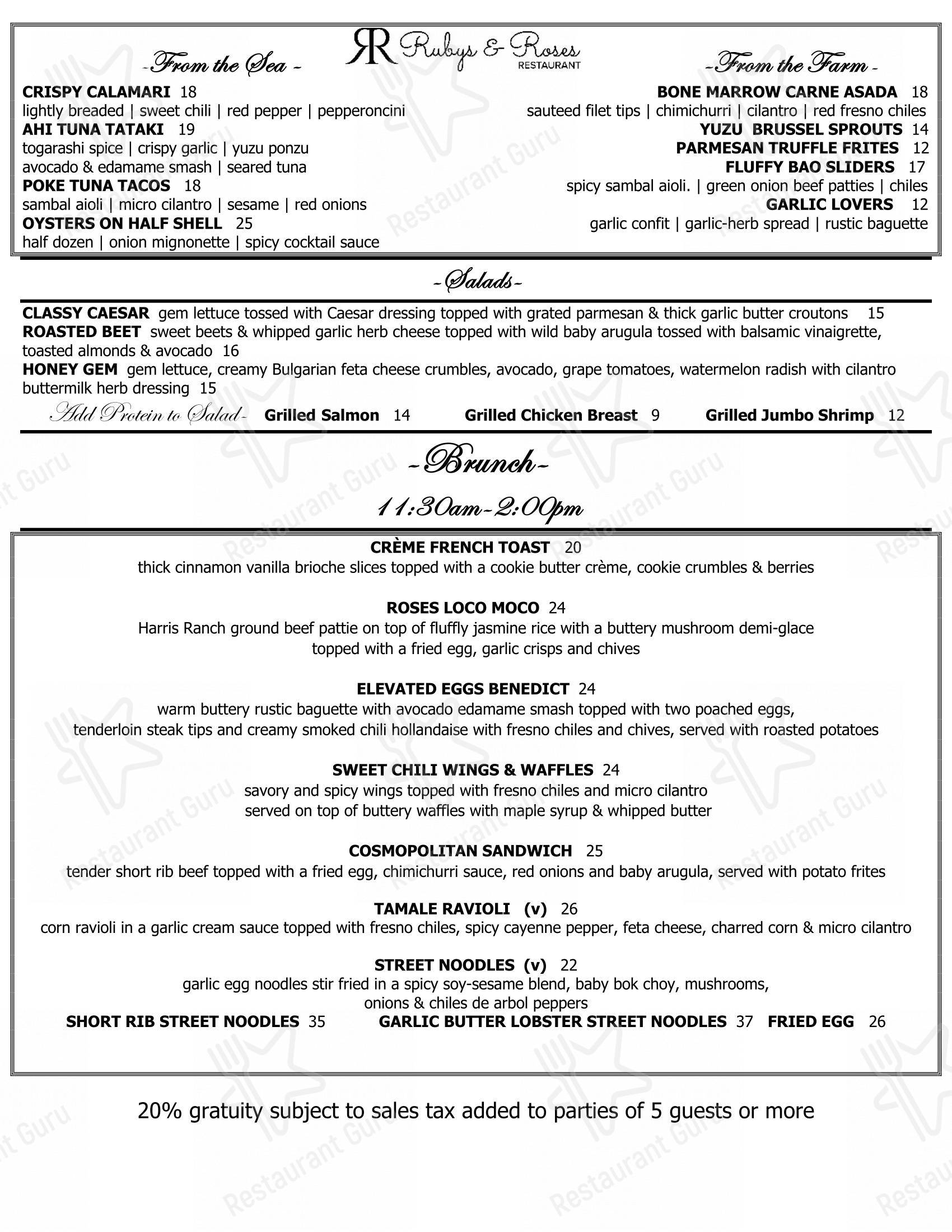 Menu at Rubys & Roses Restaurant, Pleasanton