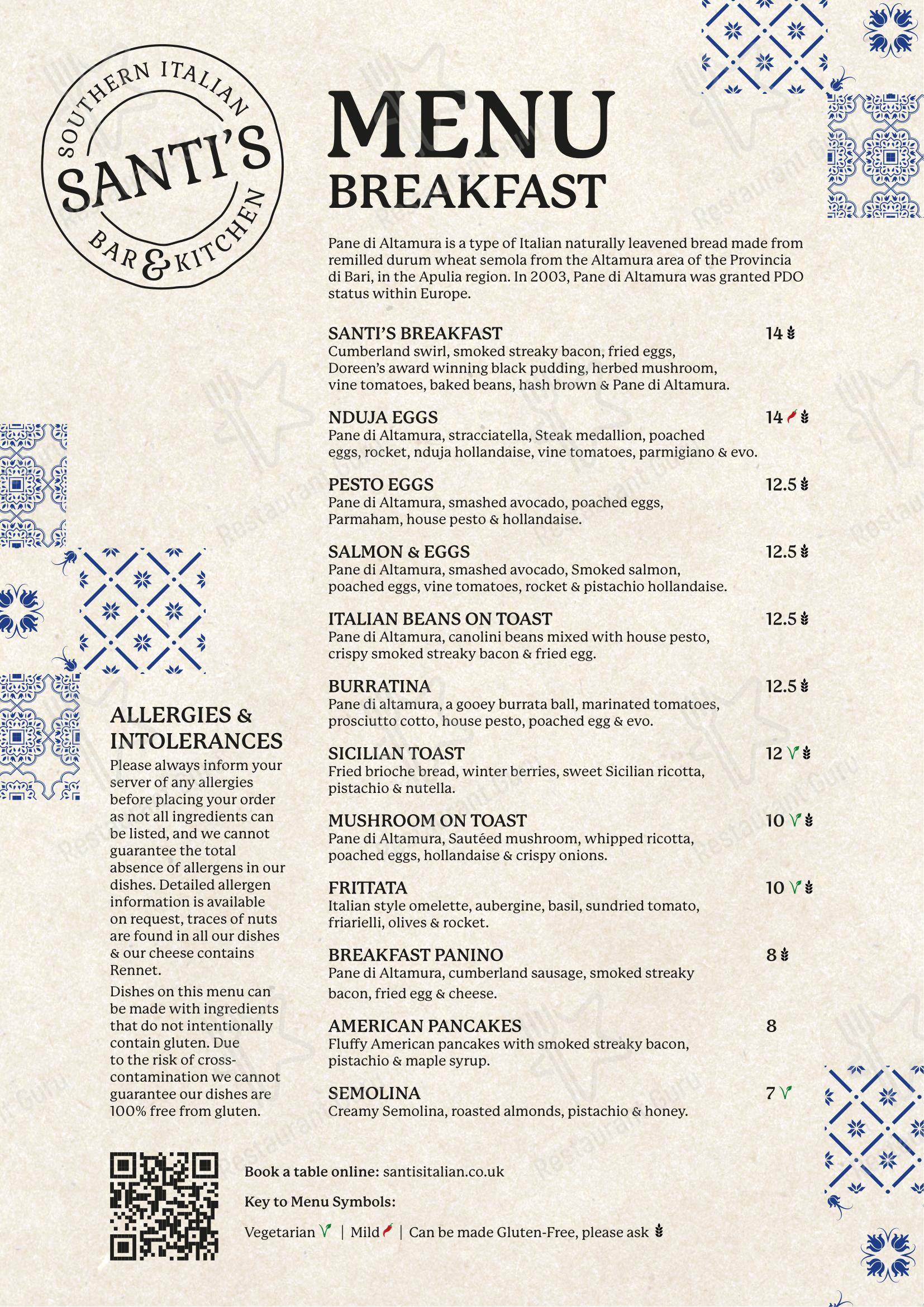 Menu at Santi’s Southern Italian Bar & Kitchen, Hull, 13a Wilson St