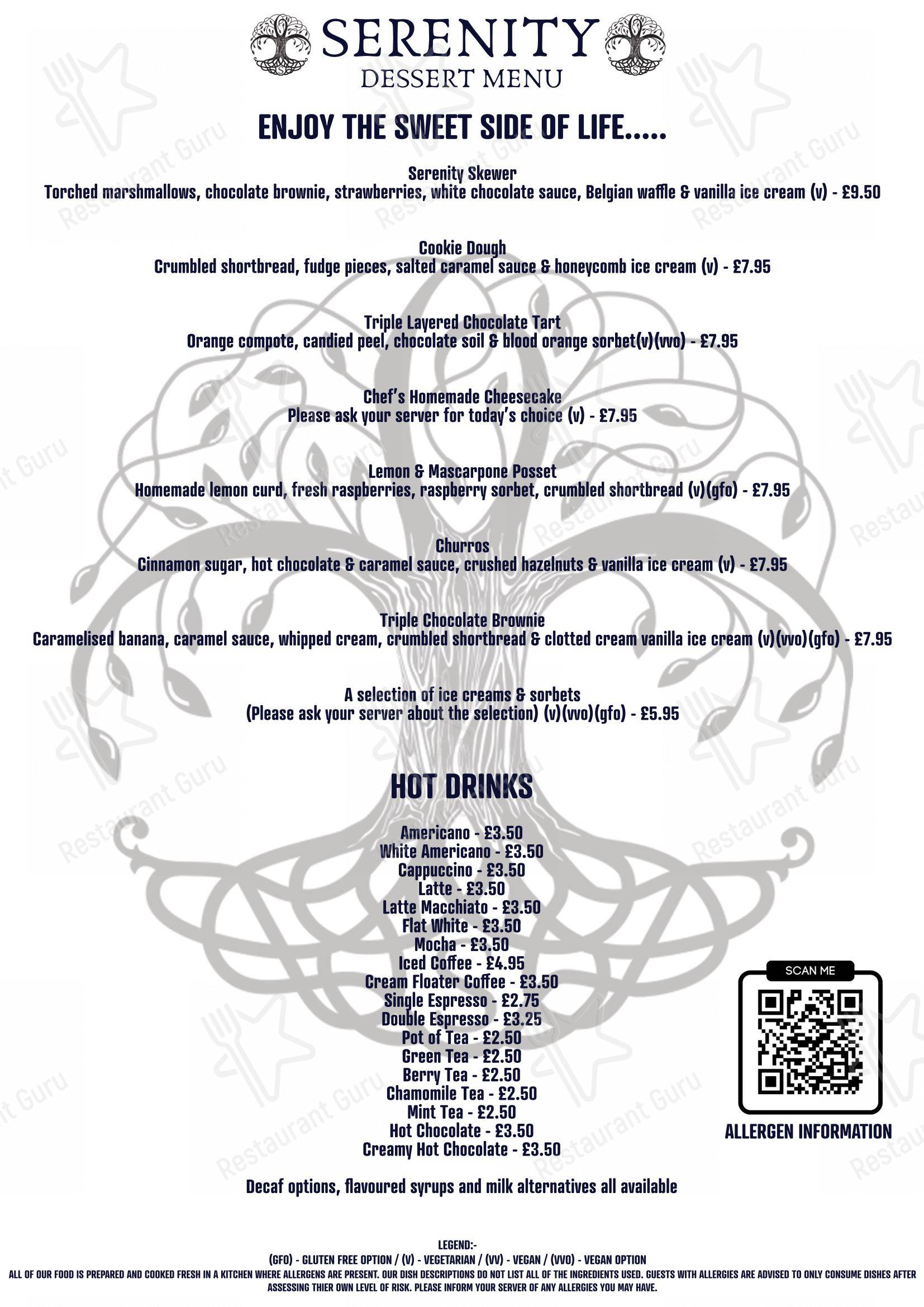 Menu at Serenity restaurant, Mansfield