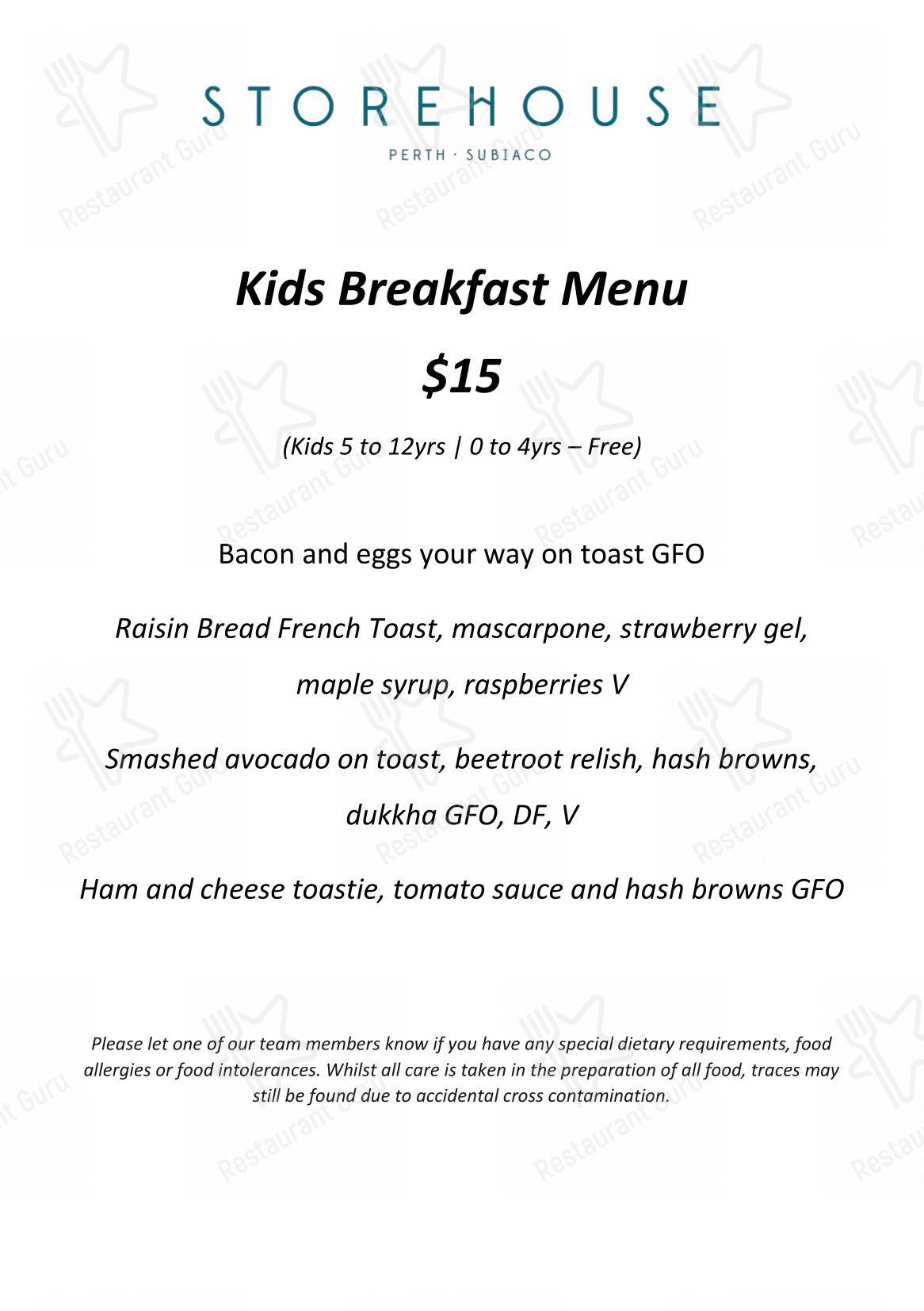 Menu at Storehouse Subiaco restaurant, Subiaco