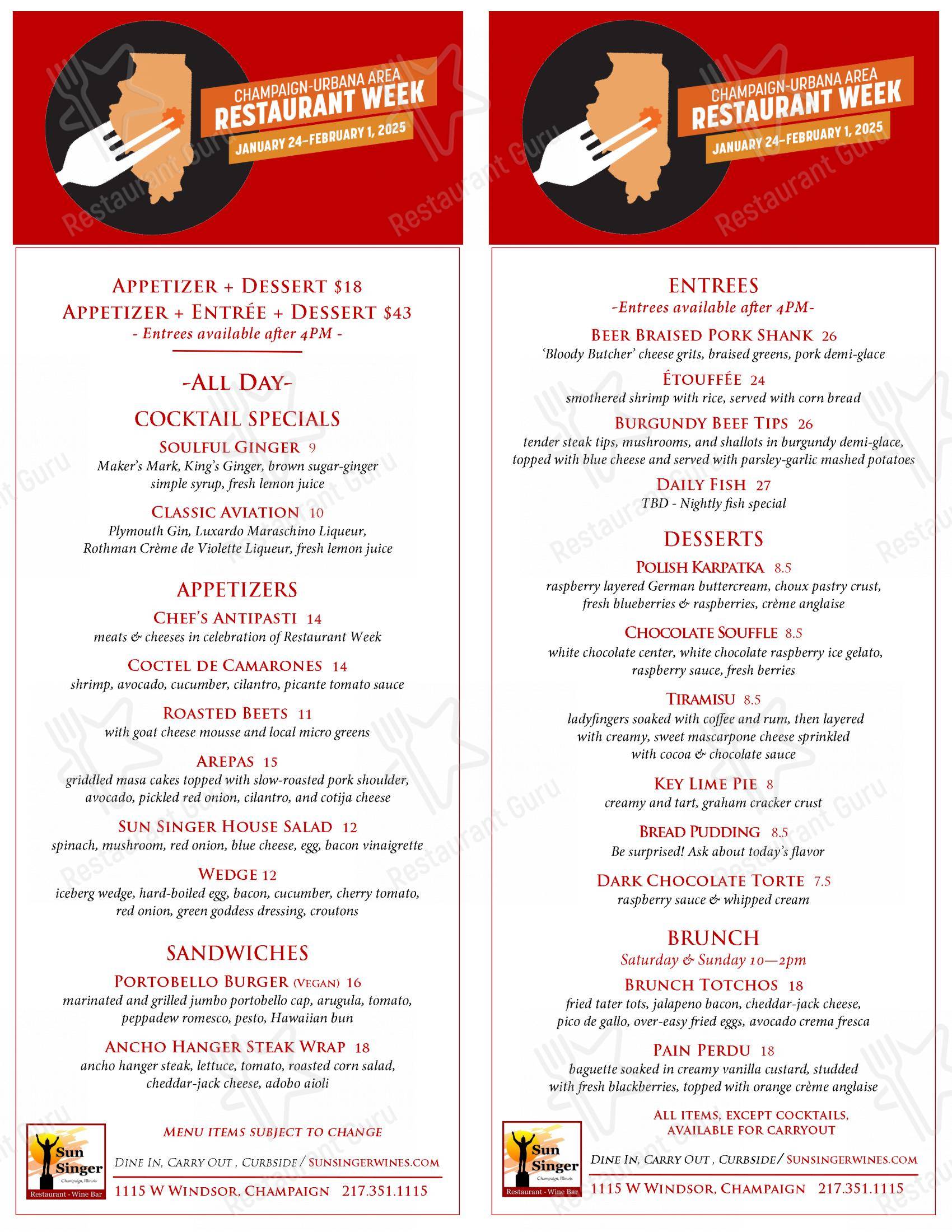 Menu at Sun Singer Restaurant, Wine & Spirits, Champaign