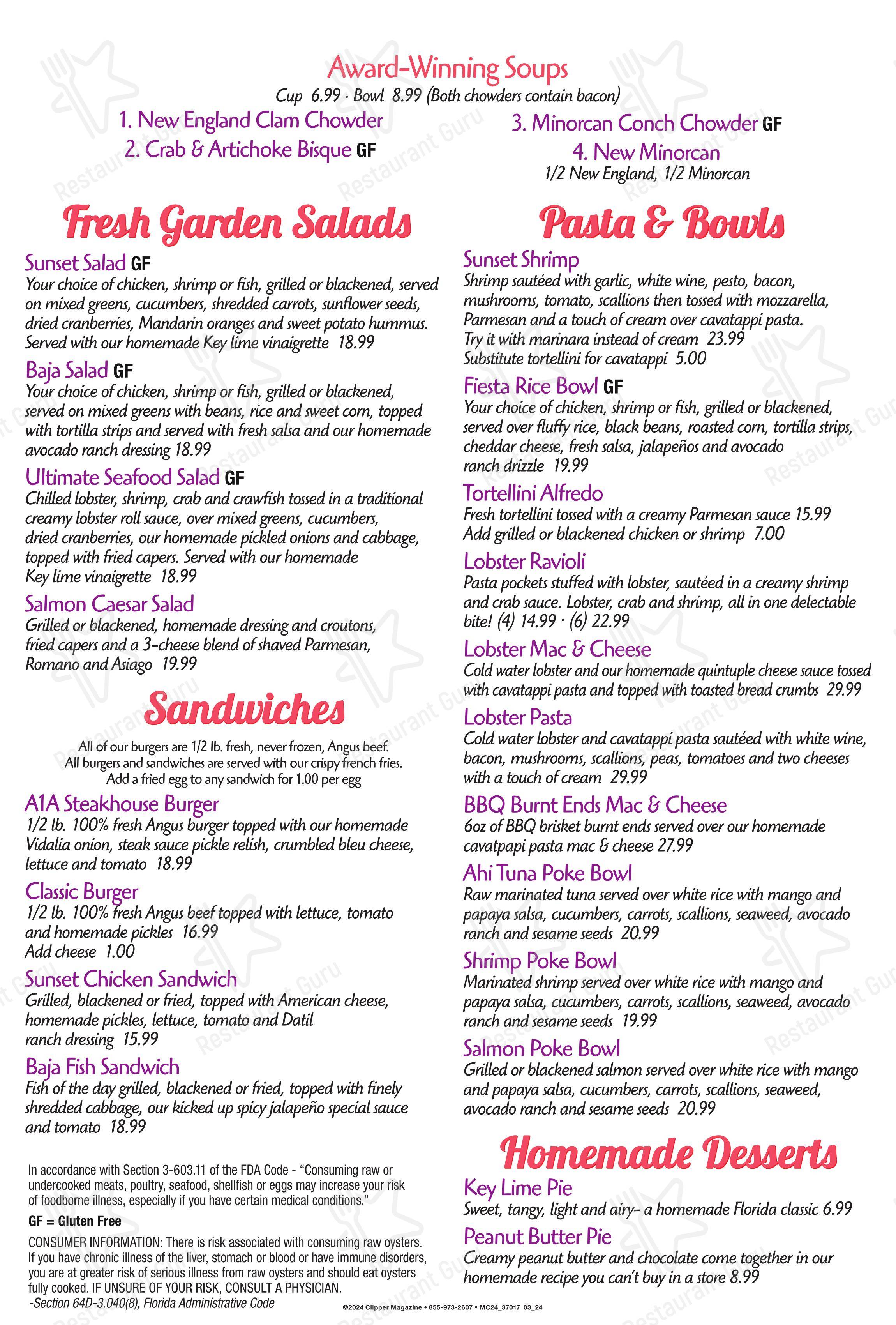 Menu at Sunset Grille pub & bar, St. Augustine, 421 A1A Beach Blvd