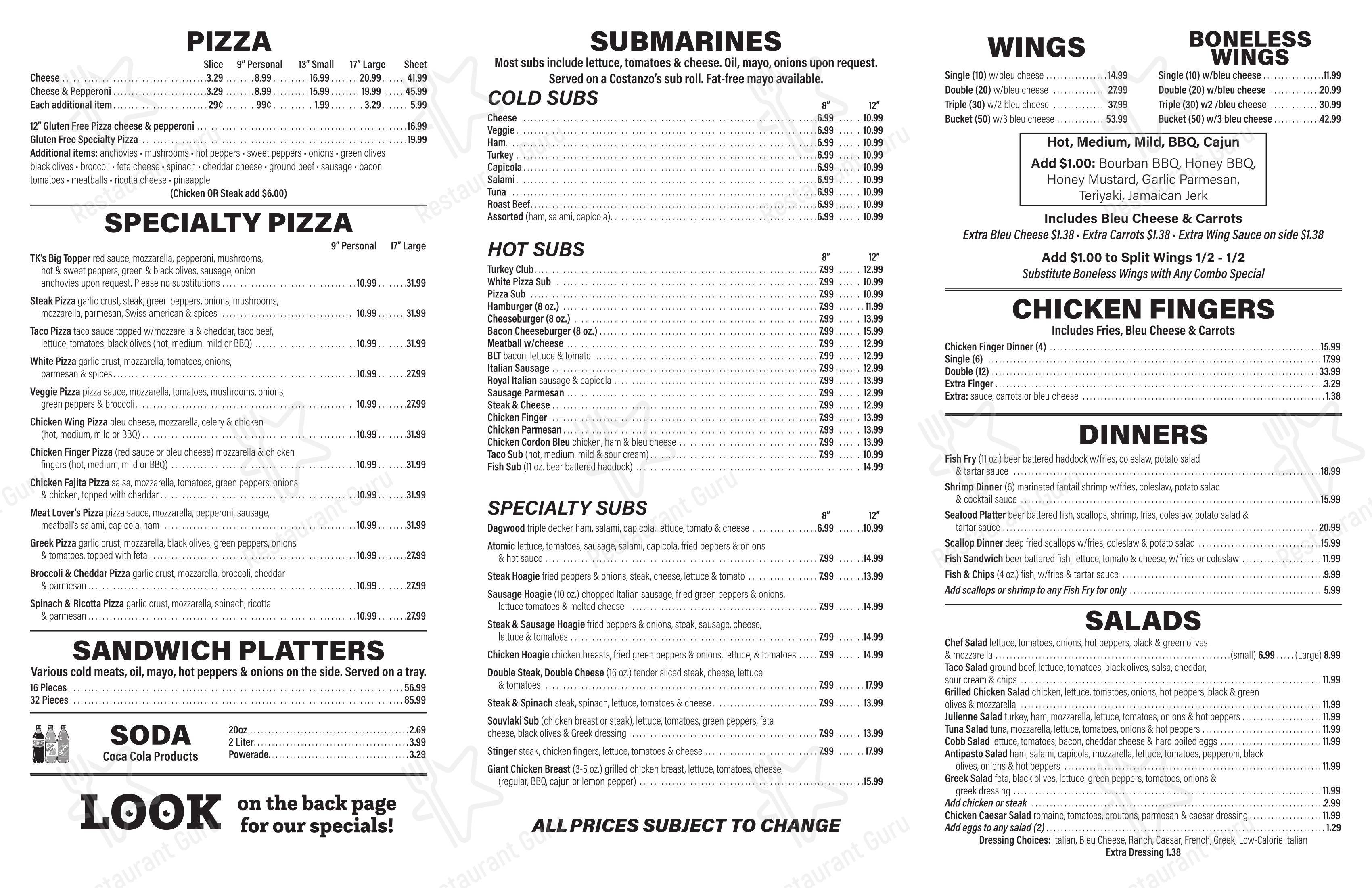 Menu at TK's Pizza pizzeria, West Seneca