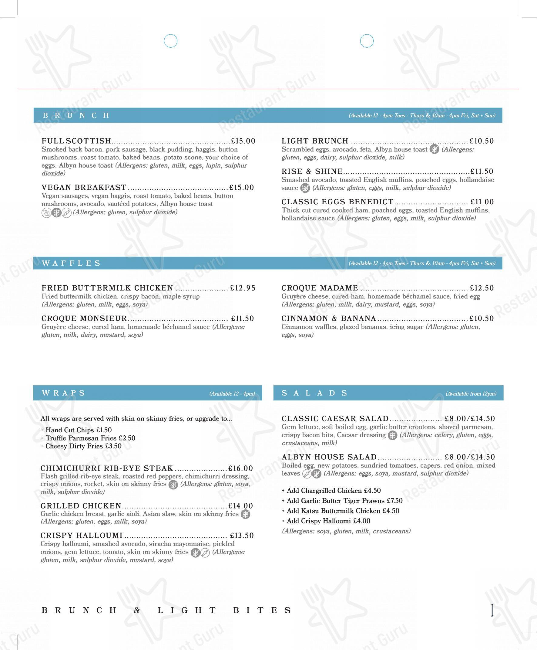 Menu at The Albyn restaurant, Aberdeen