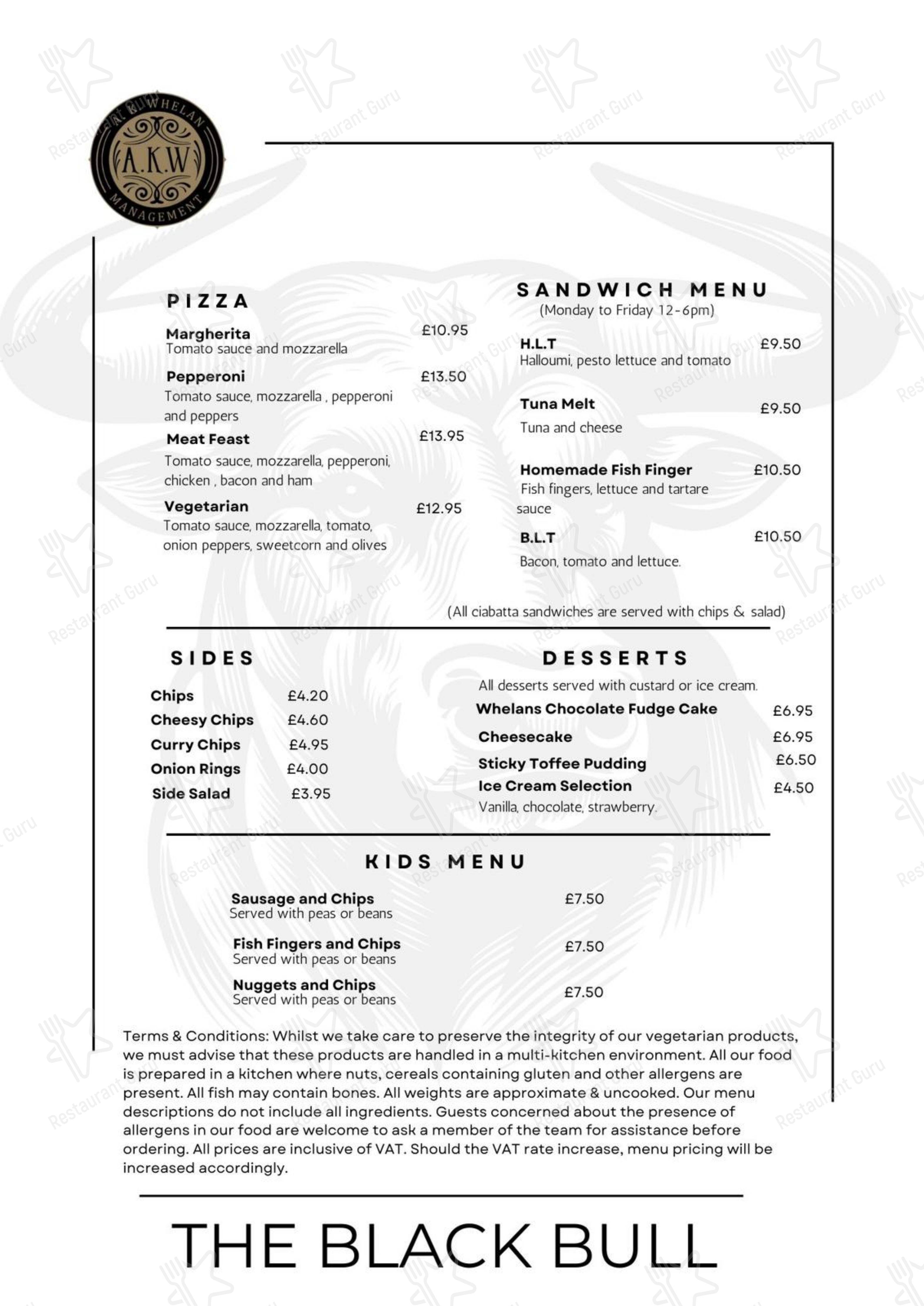 Menu at The Black Bull pub & bar, Ruislip, Victoria Rd