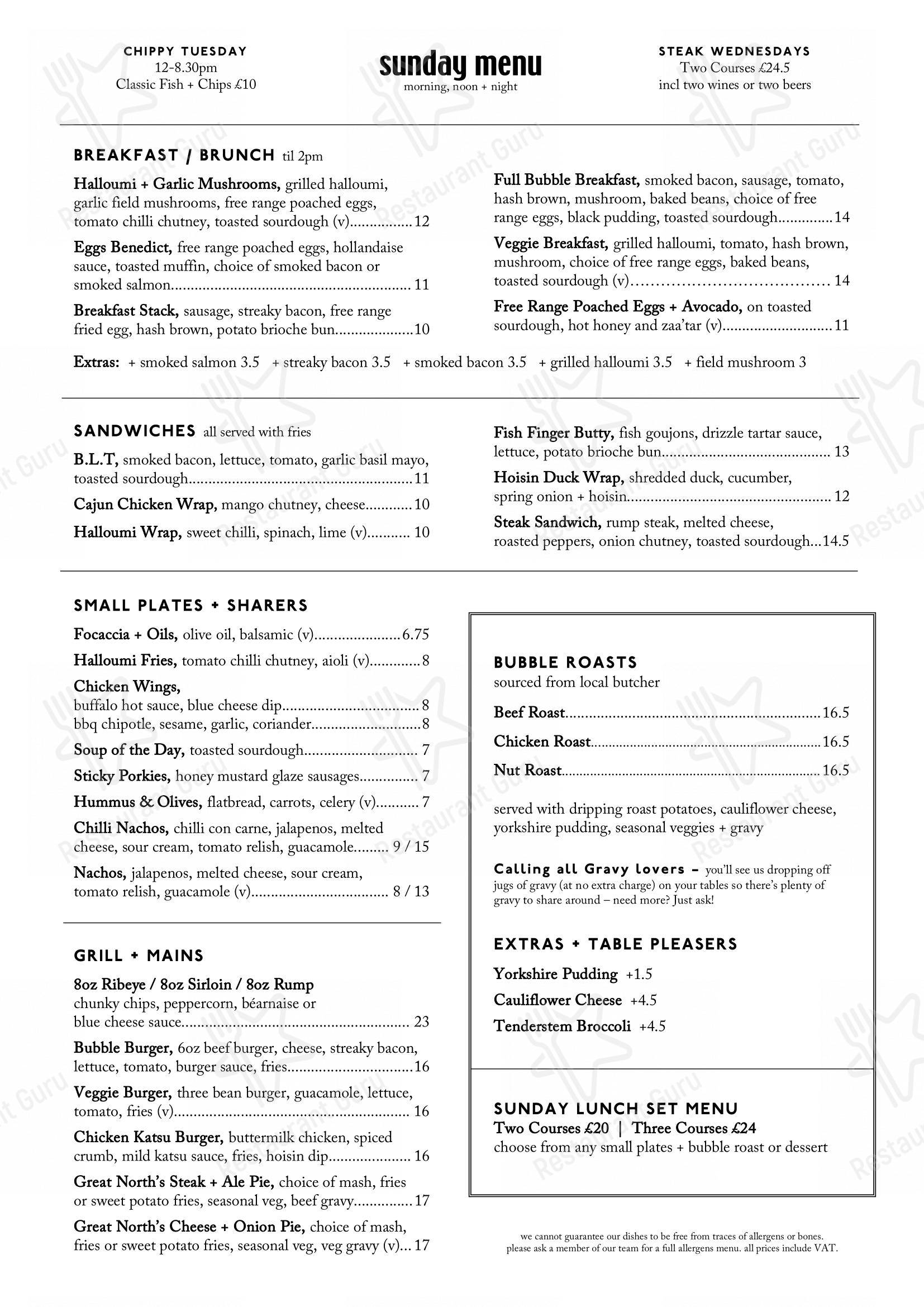 Menu at The Bubble Room pub & bar, Alderley Edge