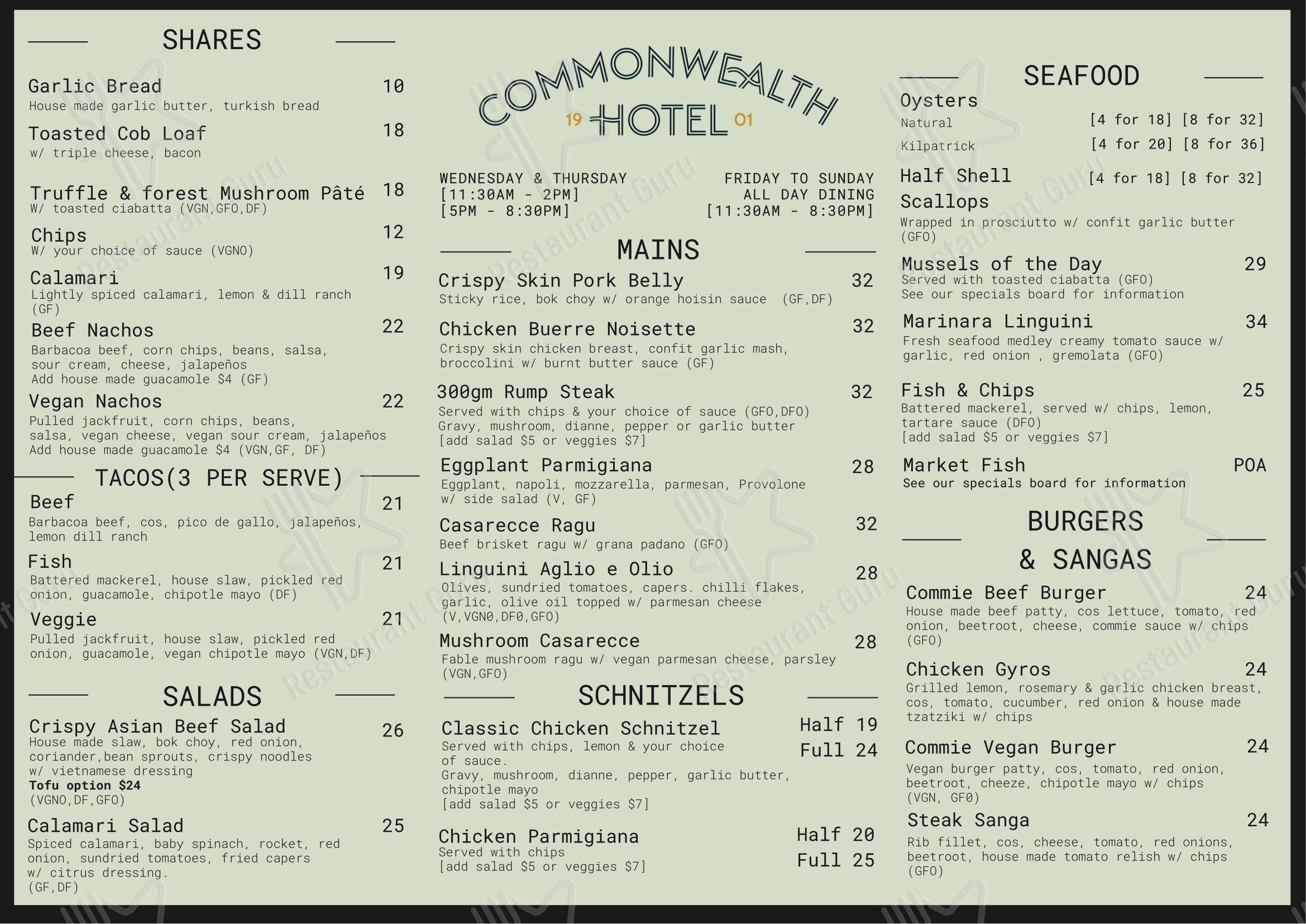 Menu at The Commonwealth Hotel pub & bar, South Townsville