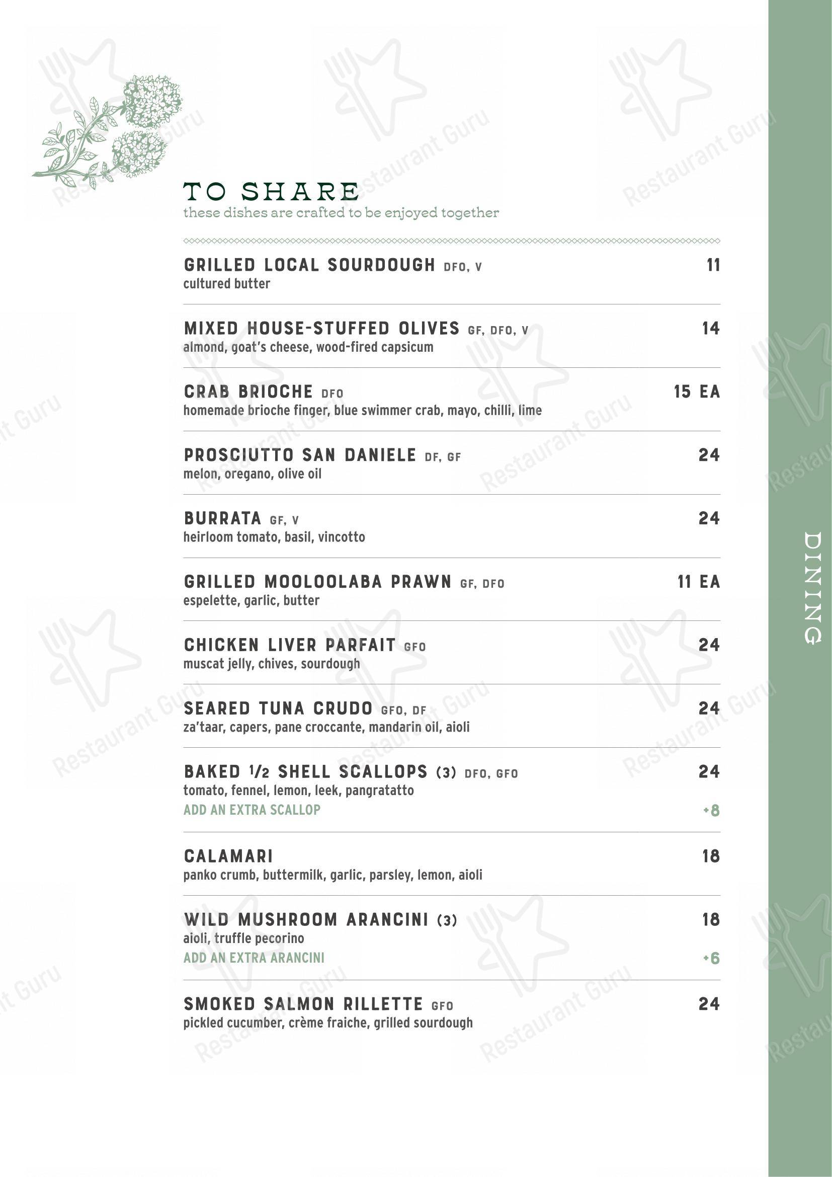 Menu at The Doonan restaurant, Australia