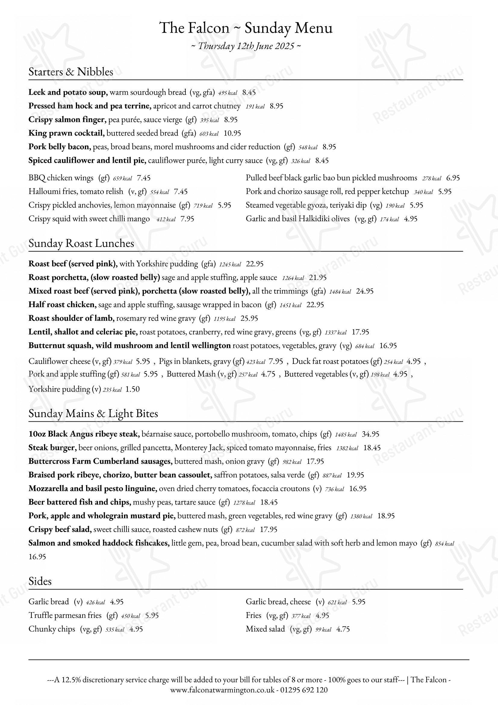 Menu at The Falcon at Warmington pub & bar, Banbury, Warwick Rd