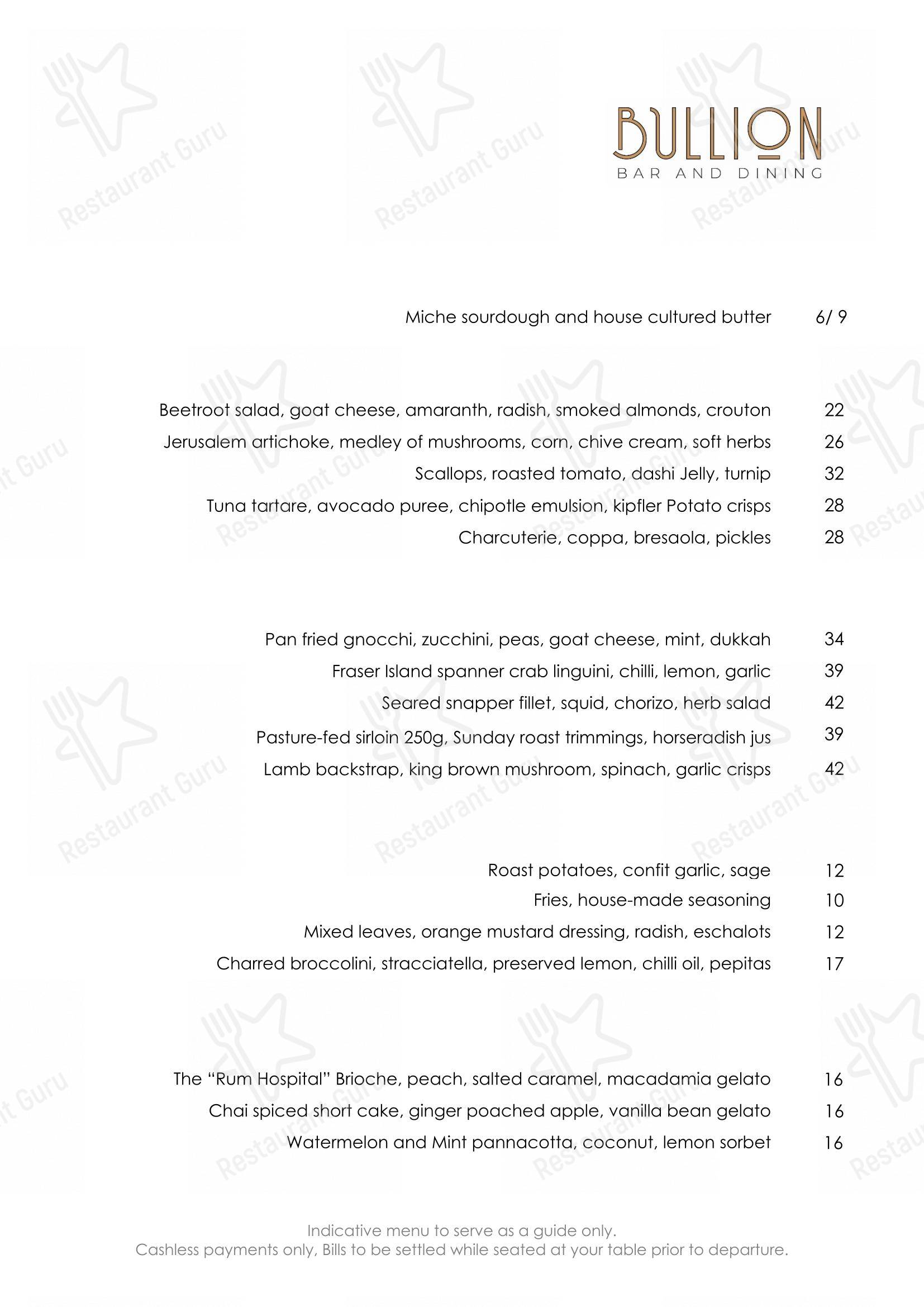 Menu at The Gidley steakhouse, Sydney