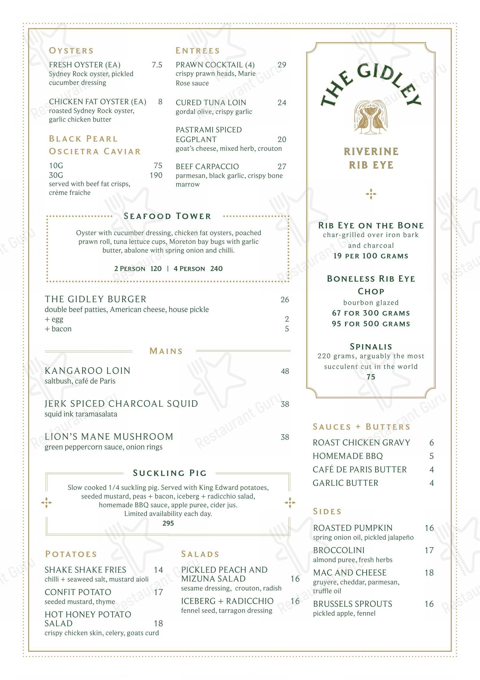 Menu at The Gidley steakhouse, Sydney