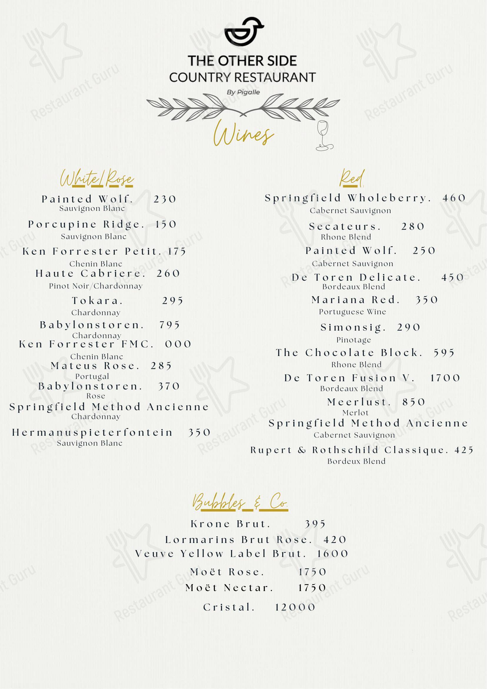 Menu at The Other Side restaurant, Roodepoort