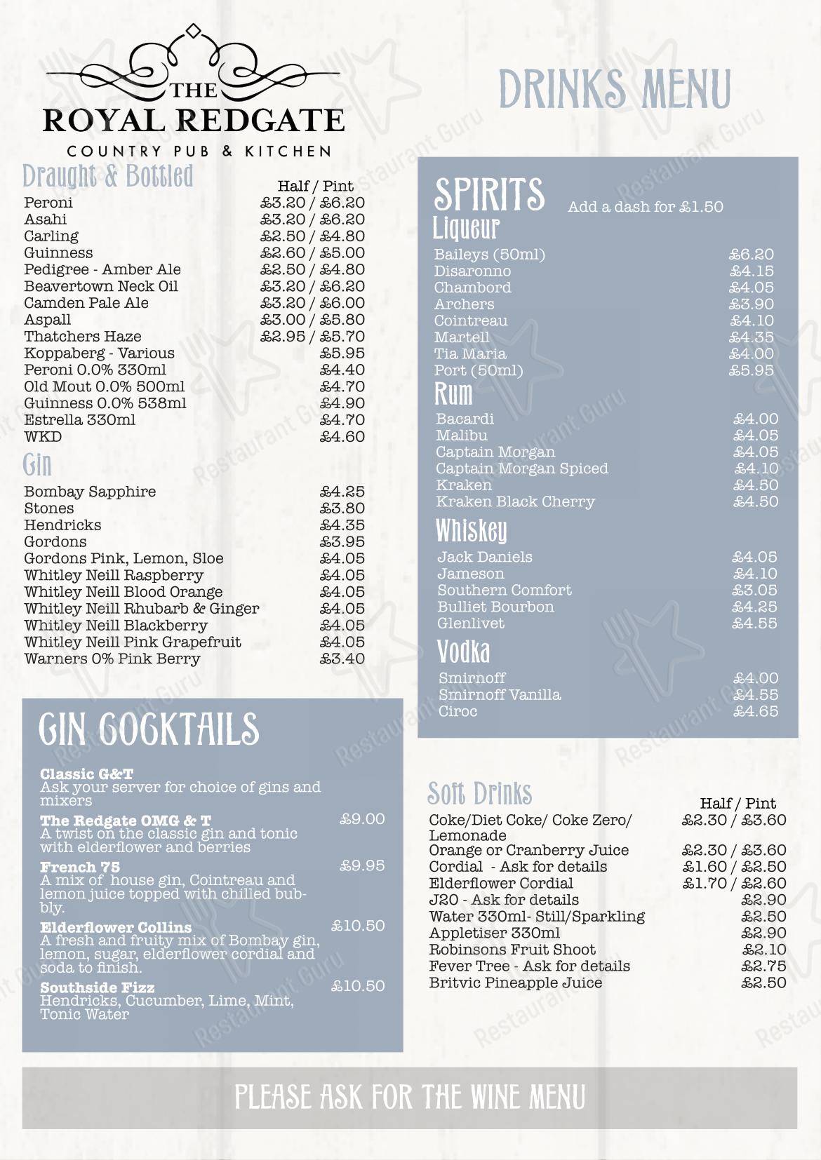Menu at The Royal Redgate pub & bar, Nuneaton, Watling St