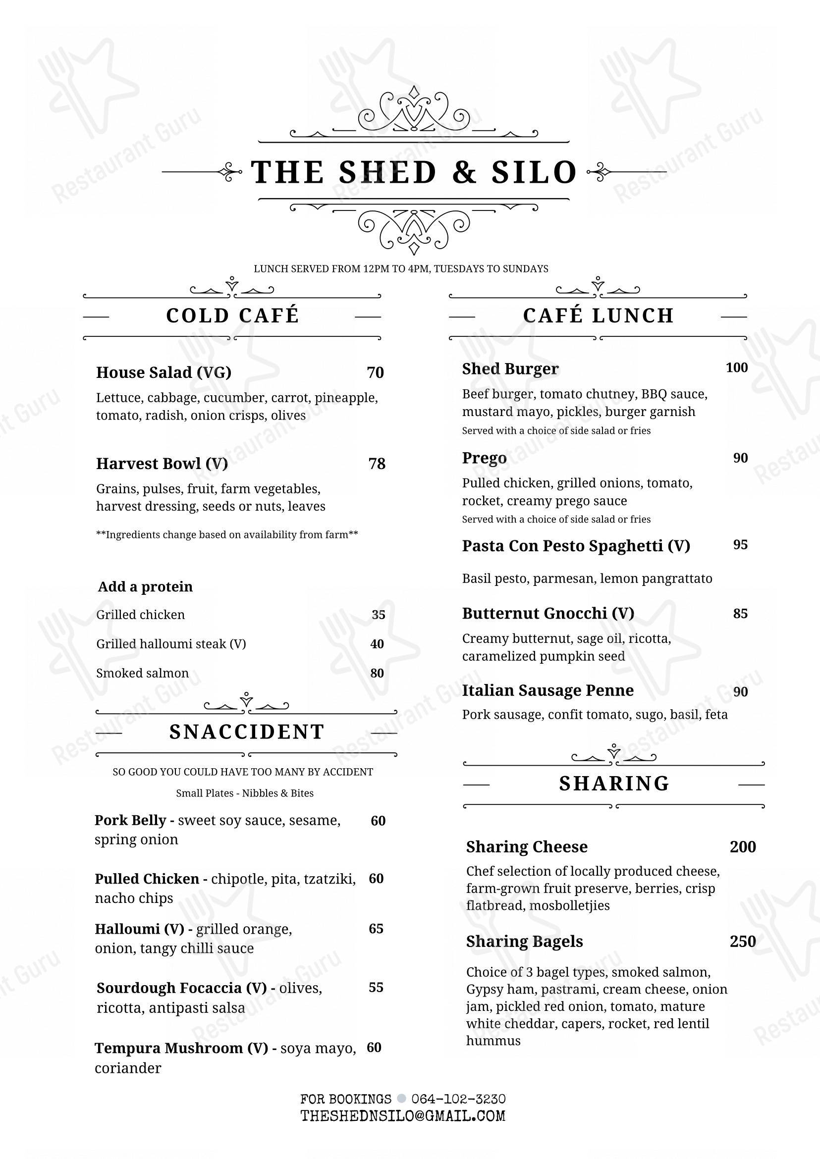 Menu at The Shed & Silo cafe, Benoni