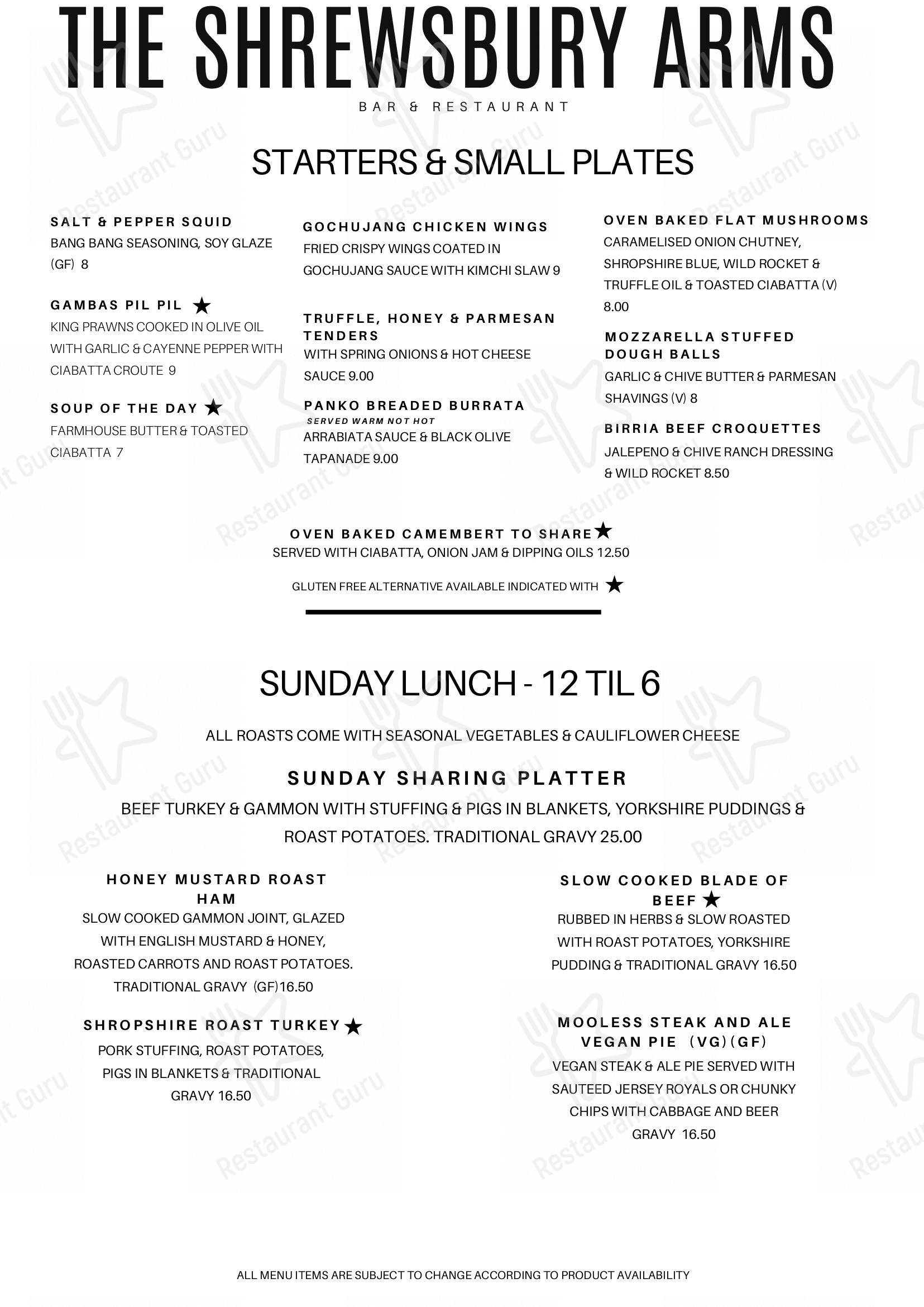 Menu at The Shrewsbury Arms pub & bar, Albrighton, 70 High St
