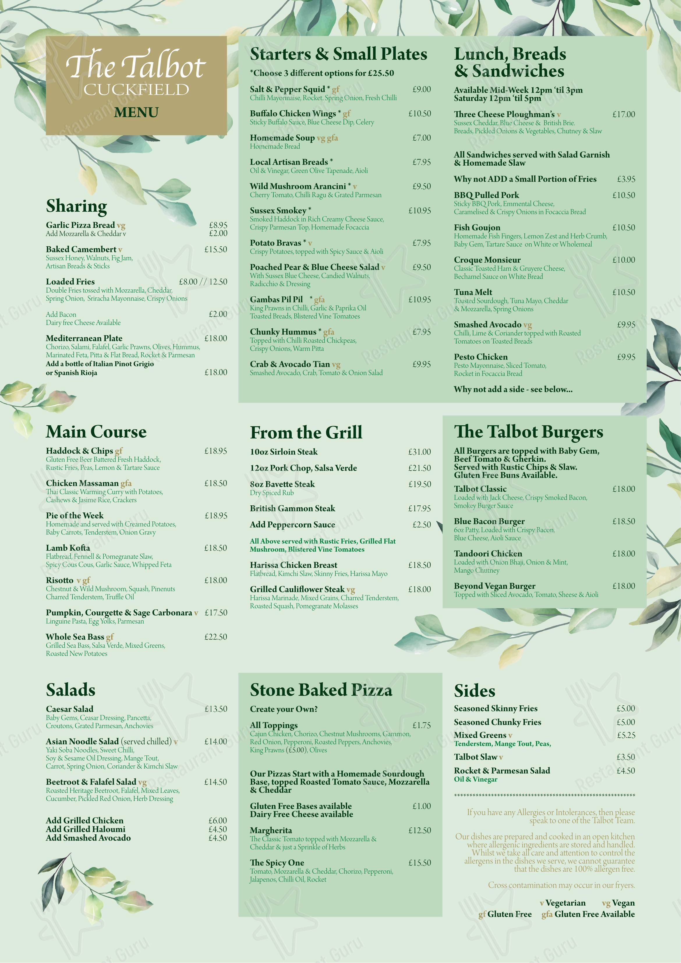 Menu at The Talbot pub & bar, Haywards Heath