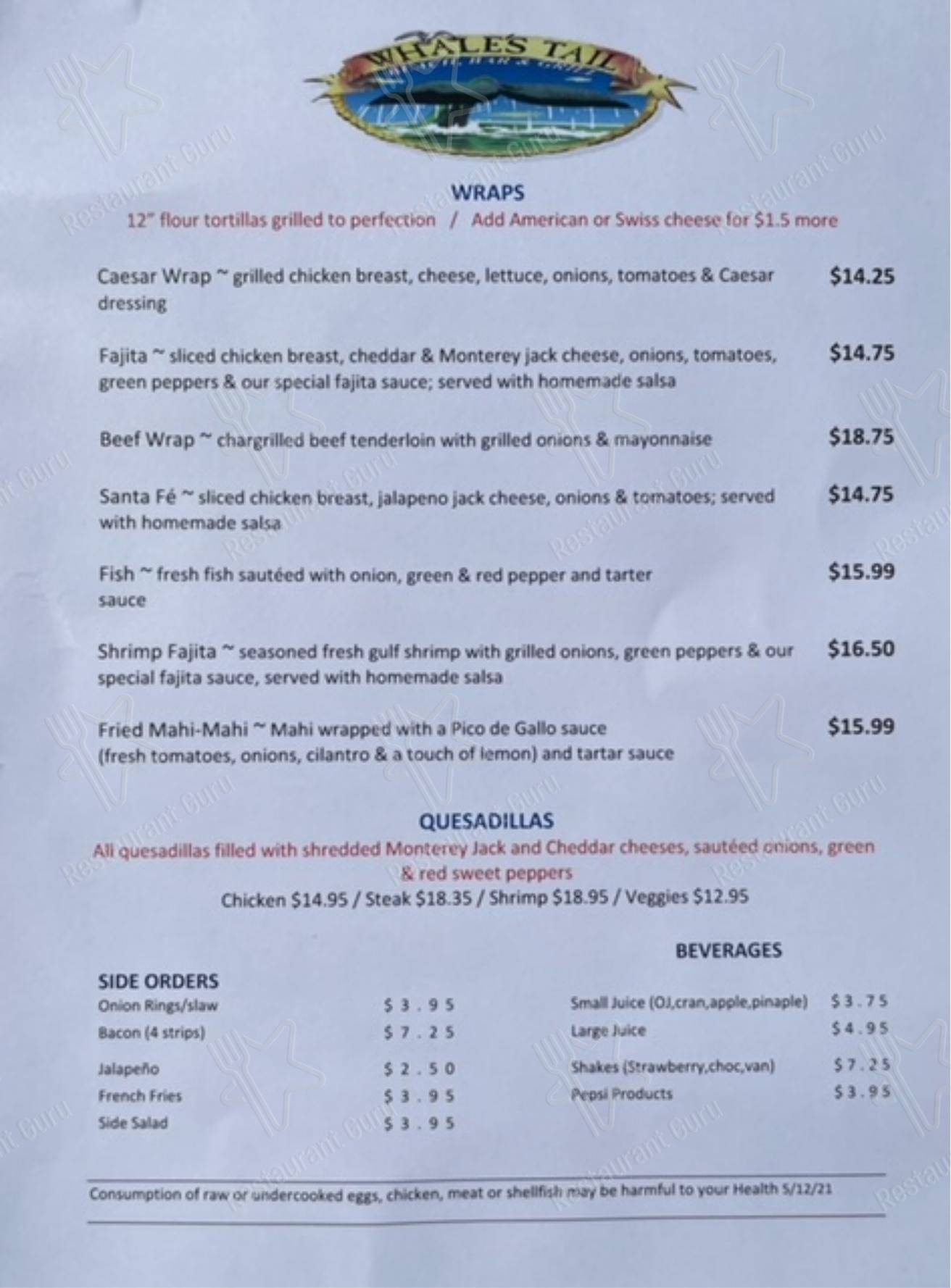 Menu at The Whale's Tail Beach Bar & Grill, Miramar Beach, Scenic Gulf Dr